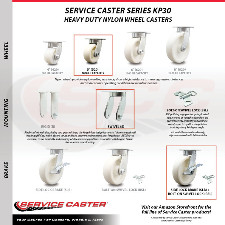 Service Caster 5 Inch Kingpinless Nylon Wheel Swivel Caster with Brake ...