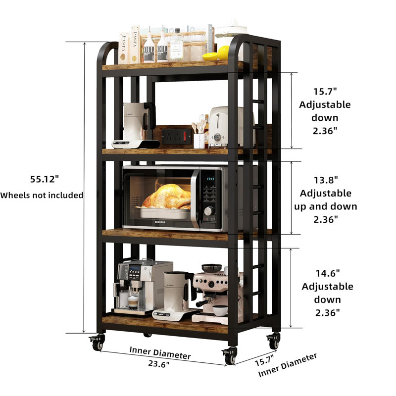 17 Stories 4-Tier Kitchen Bakers Rack With Power Outlet And Rolling ...