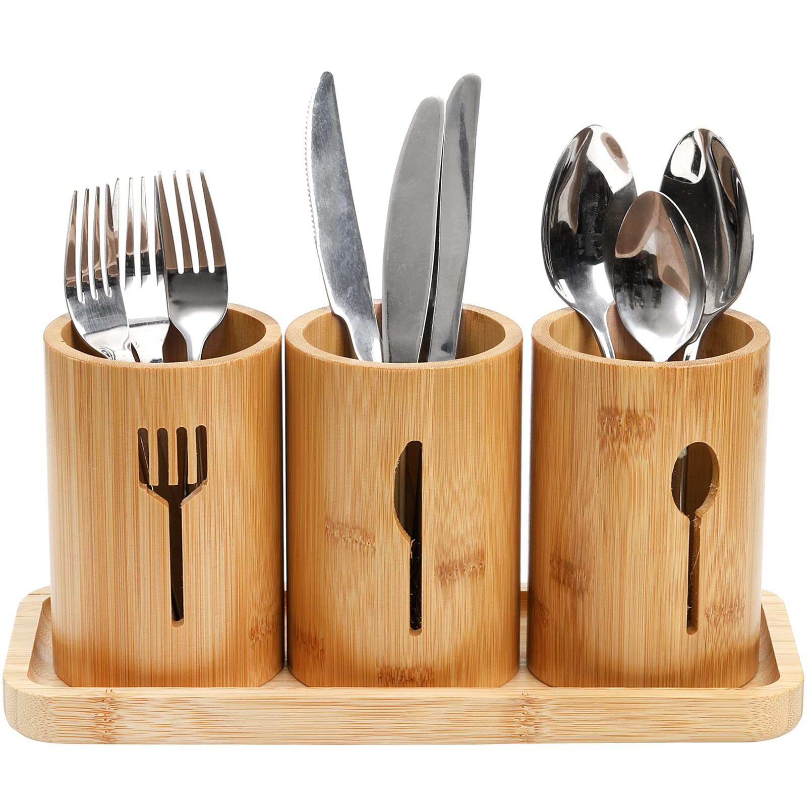 One Allium Way® Bamboo Cutlery Storage Rack With Tray For Kitchen And ...