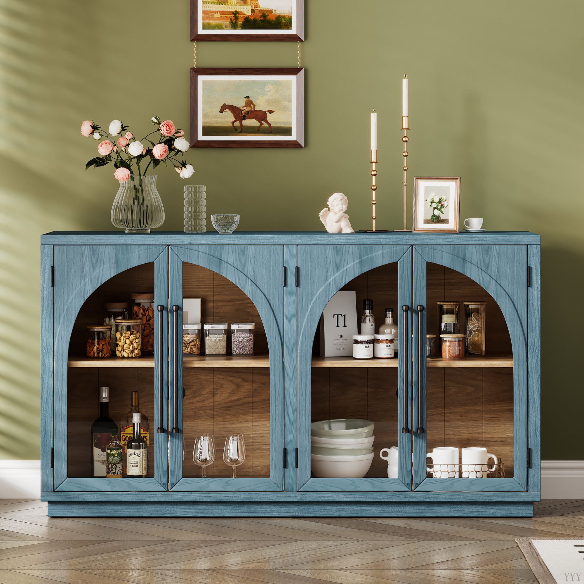 Mercer41 4-Door Large Storage Sideboard Buffet Cabinet With Glass Doors, Arched Cabinet With ...