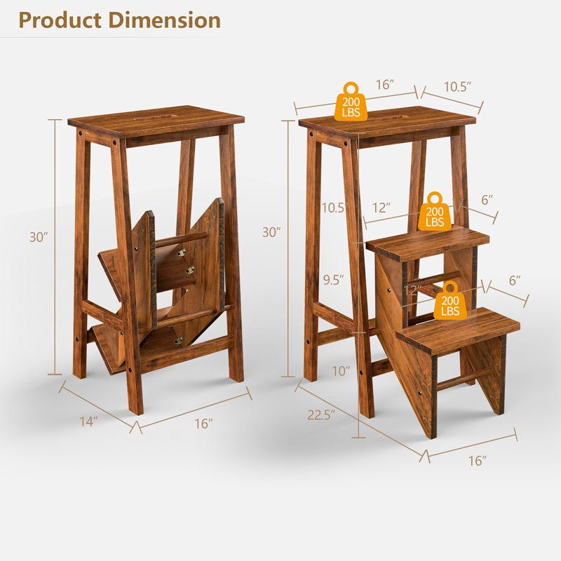 Alcott Hill® Cantrell Folding 3 Step Wood Step Stool with 200 lb. Load ...