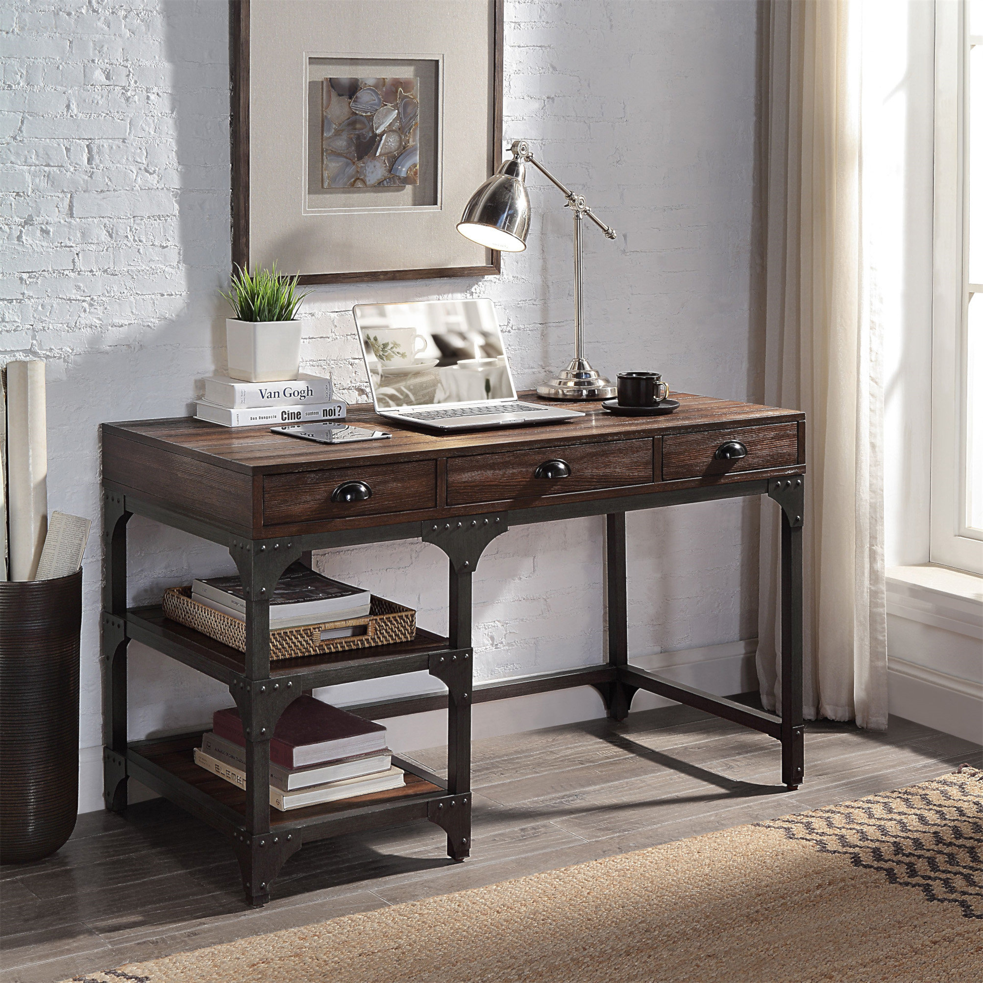 Williston Forge Gorden Writing Desk With Antique Black Metal Frame And ...
