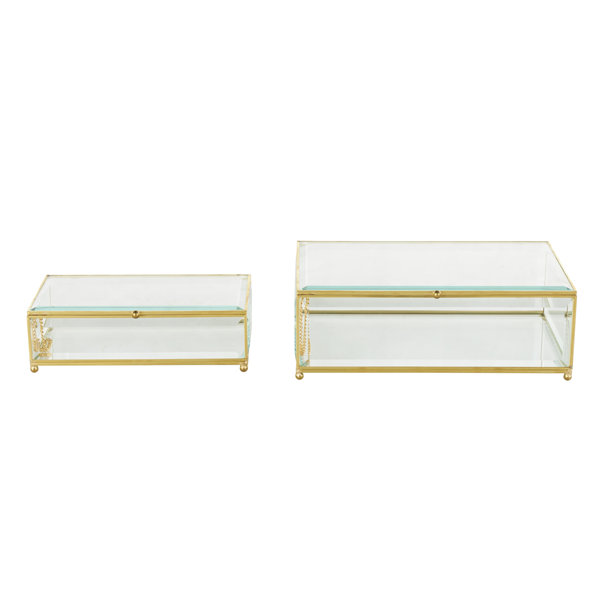 Latitude Run® Glass Beveled Decorative Clear Jewelry Box with Gold ...