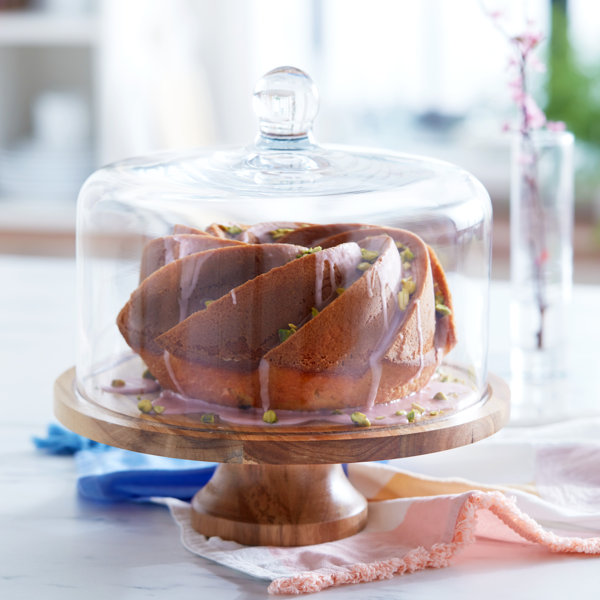Libbey Acaciawood Footed Round Wood Server Cake Stand with Glass Dome ...