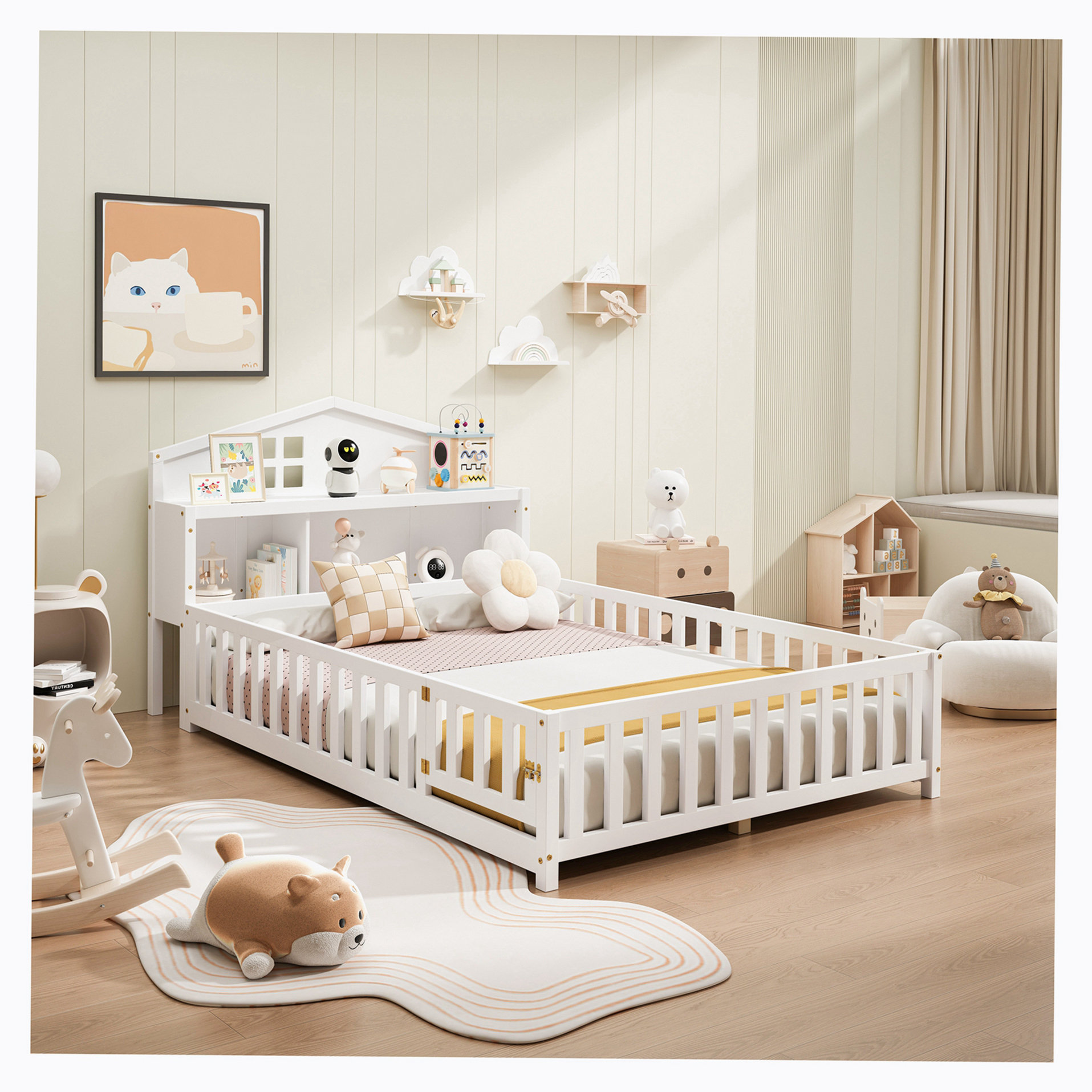 Ophelia & Co. Full-size Floor Beds with Bookcases and Blackboards ...