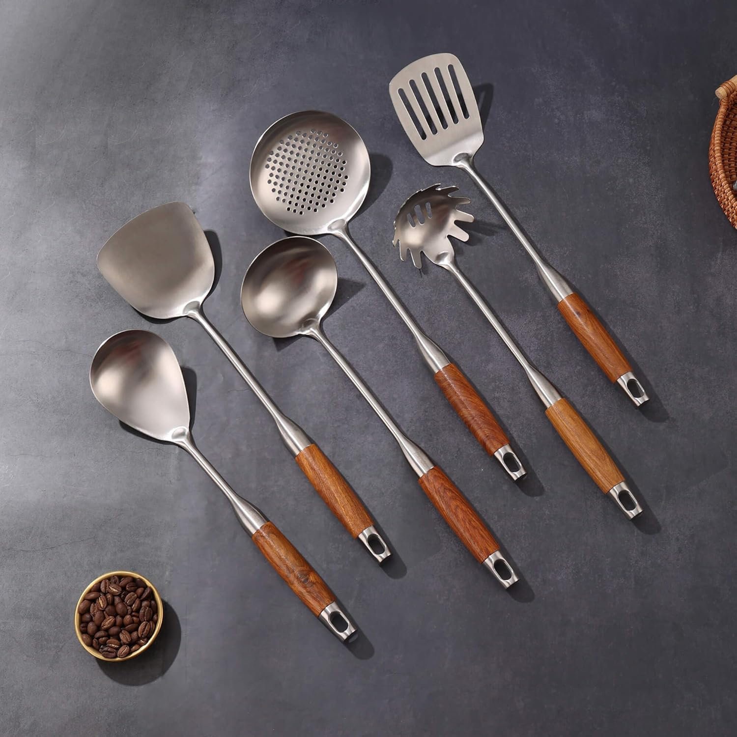 HAPPY LIFE 18/10 Stainless Steel Kitchen Utensils Set With Wooden ...