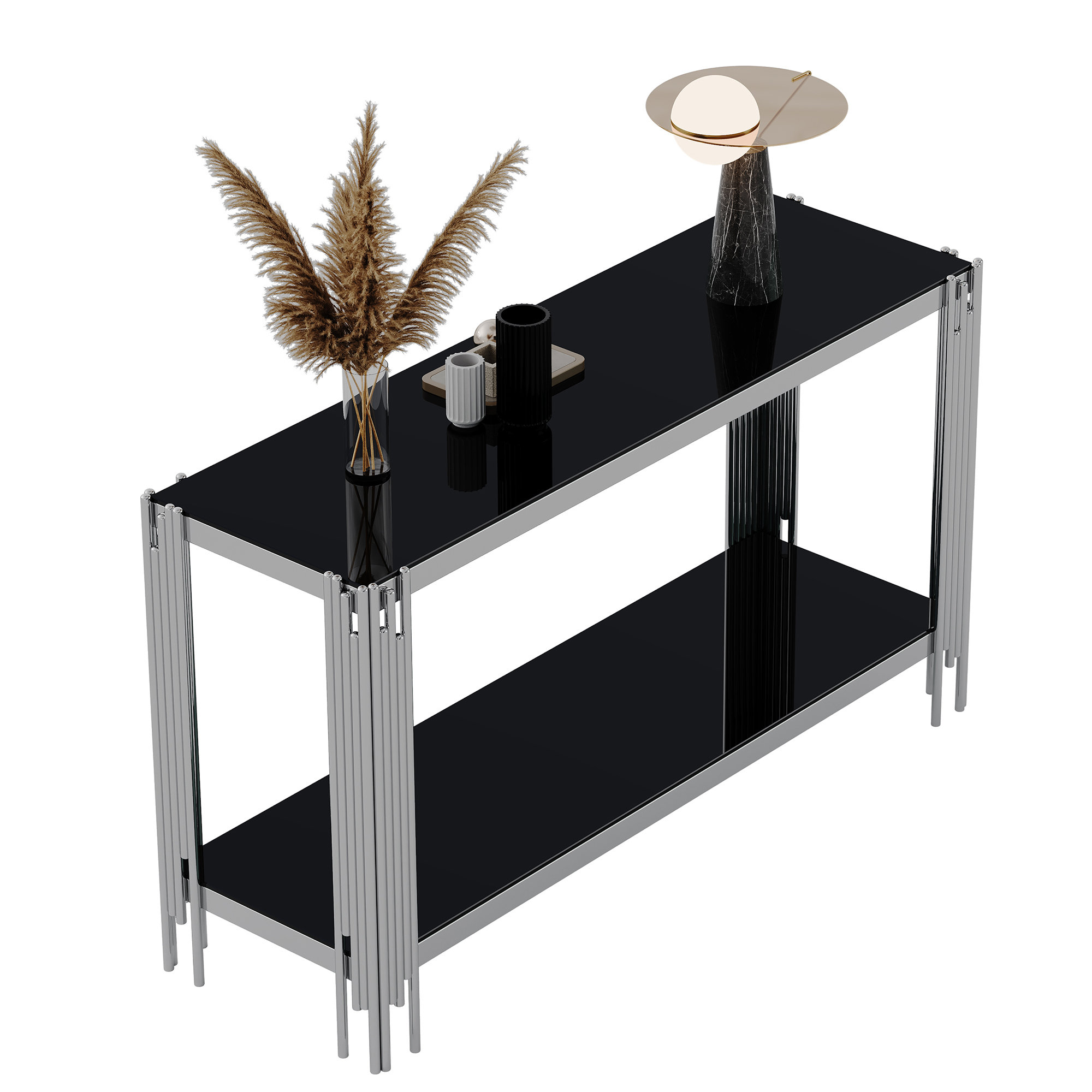 Orren Ellis Double-layer tempered glass console table with mirror ...