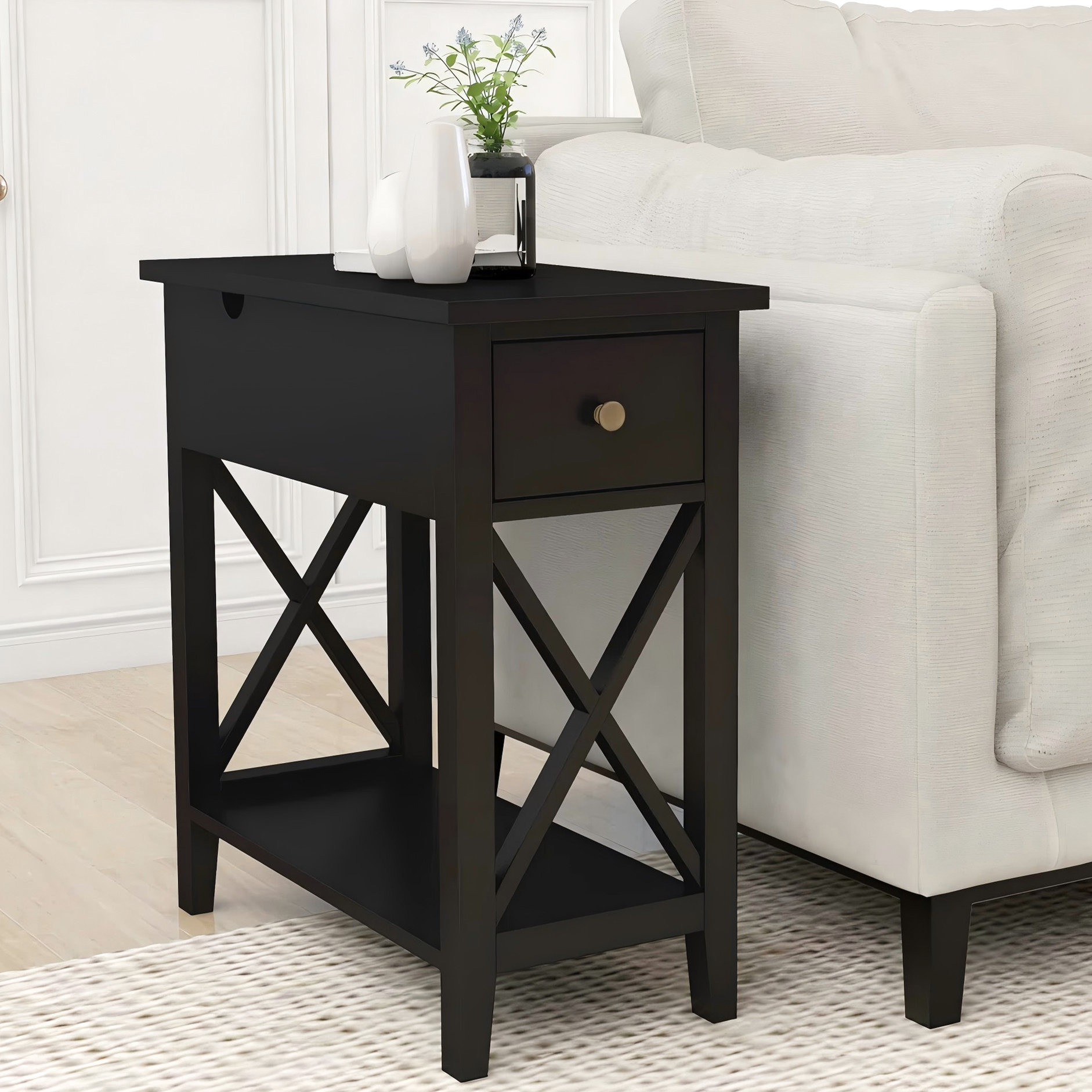 Ebern Designs Narrow 2 - Drawer Flip Top End Table, Accent Small Side ...