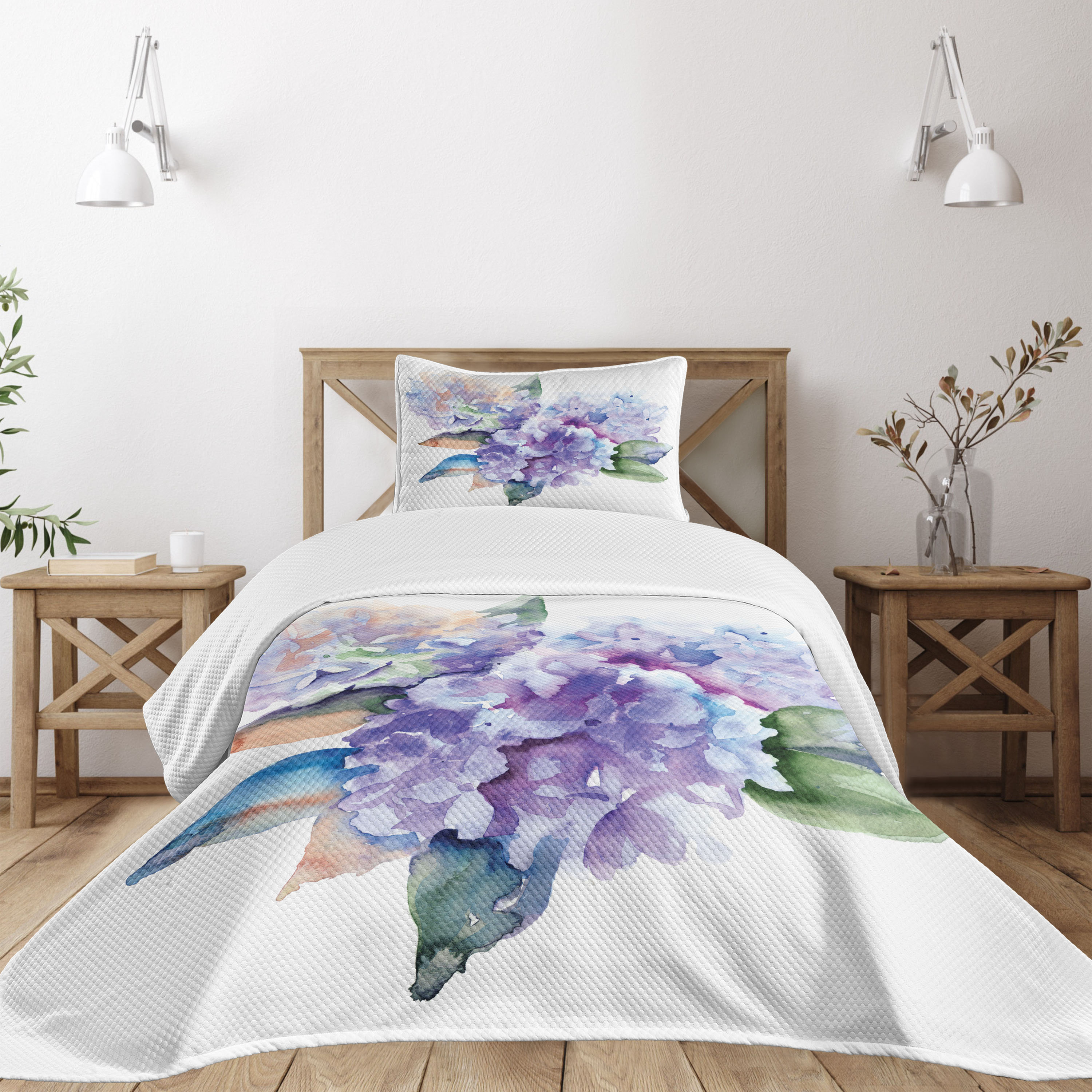 Ambesonne Watercolor Bedspread Set 2 Pcs Blooming Hydrangea Twin Violet ...