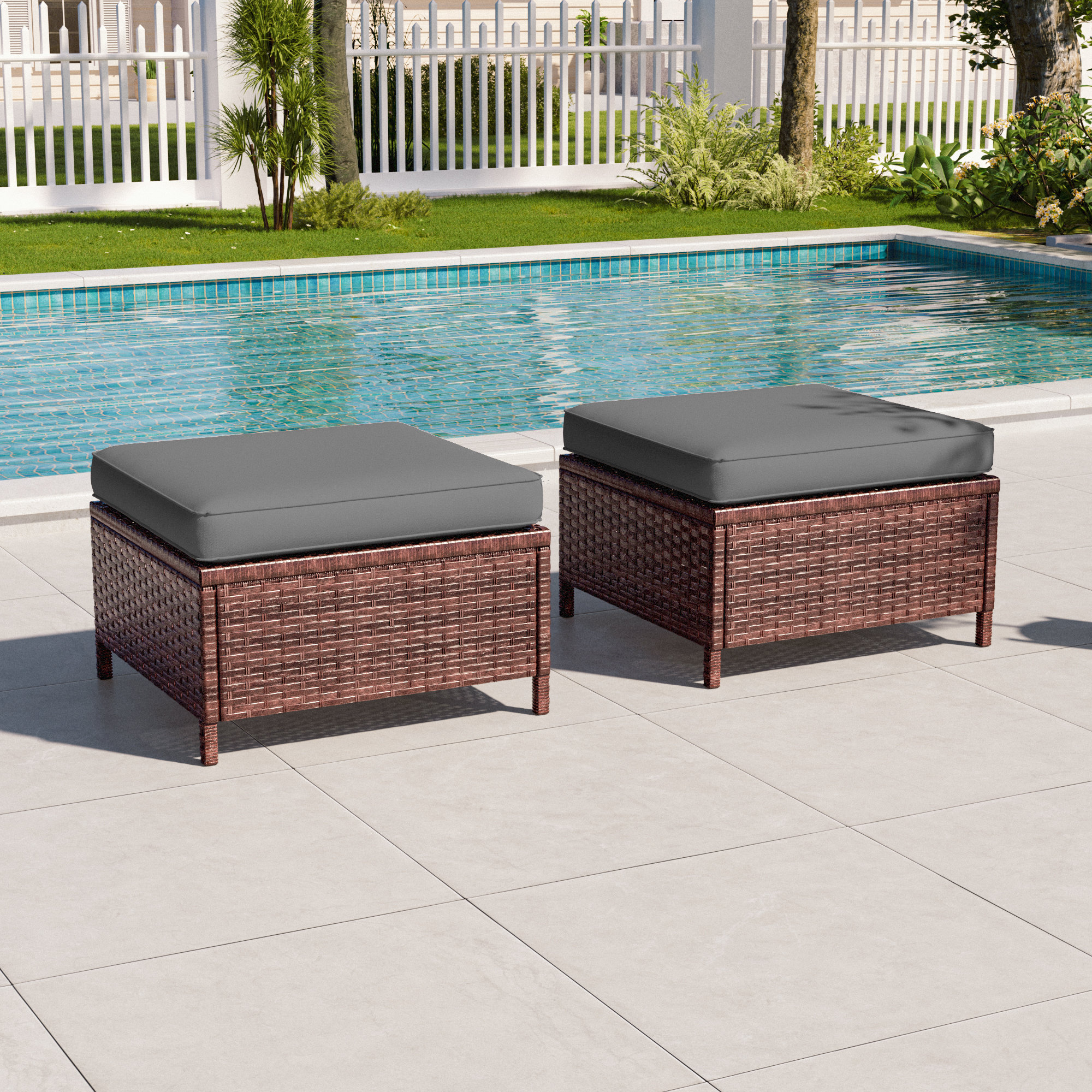Aok Garden 2 Pcs Patio Rattan Ottomans, Outdoor Wicker Ottomans w ...