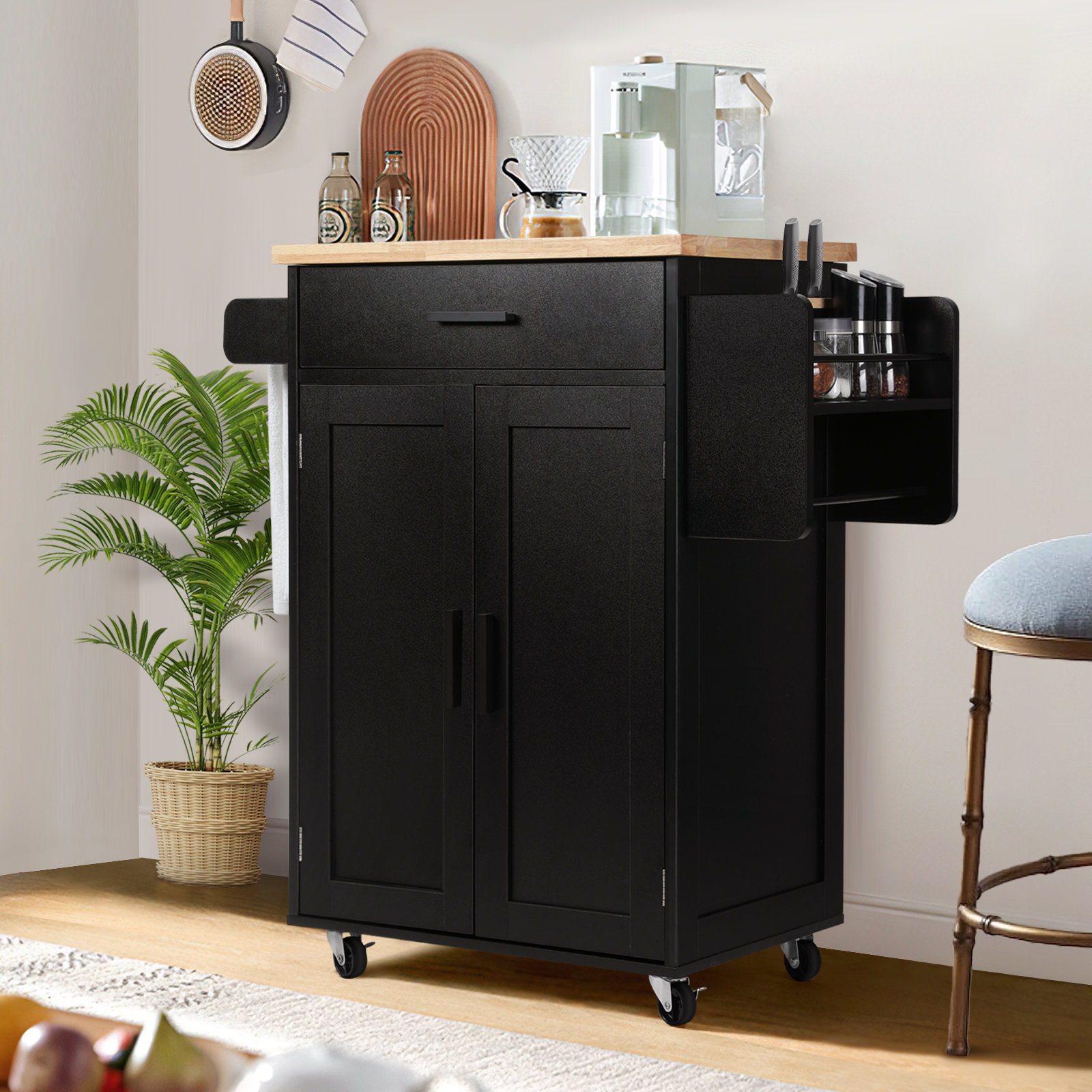 Winston Porter Shevani Rolling Kitchen Cart with Manufactured Wood Top ...