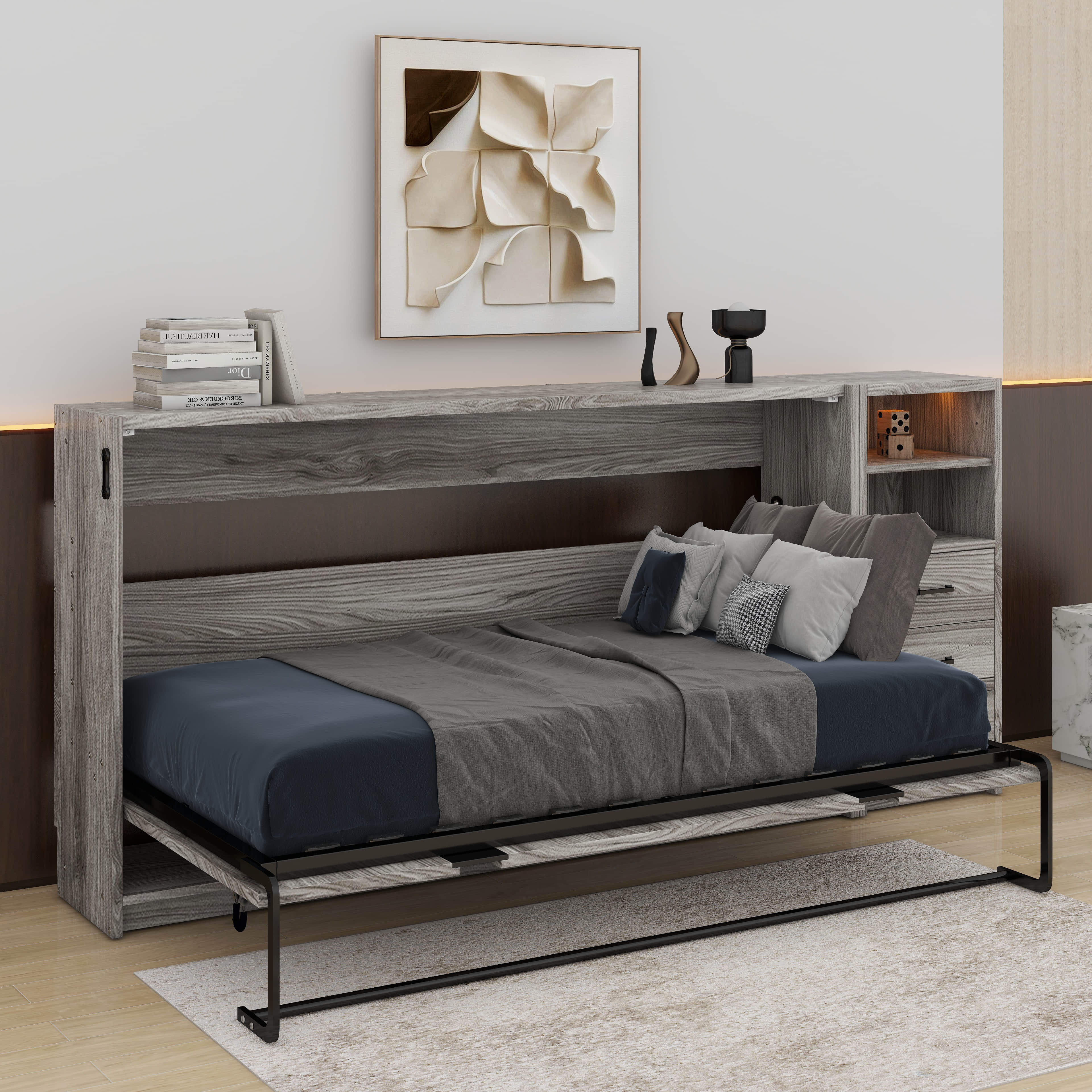 Latitude Run® Twin Size Murphy Bed With Drawers And LED Light, Can Be ...