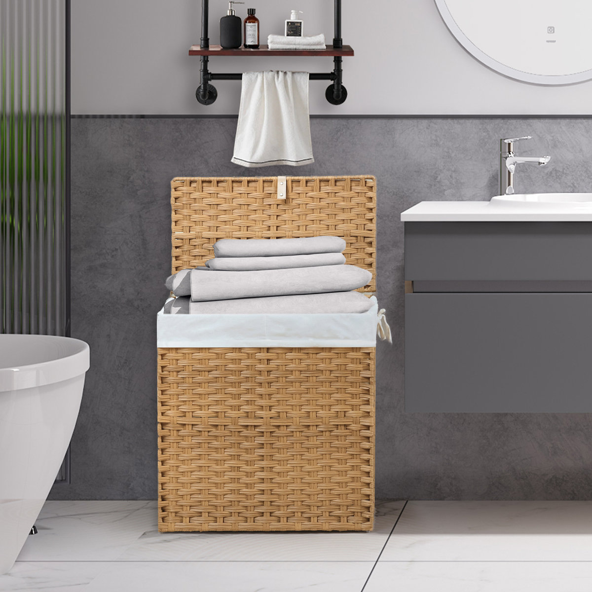 Winston Porter Wicker Laundry Hamper with Lid, 90L/110L Storage ...