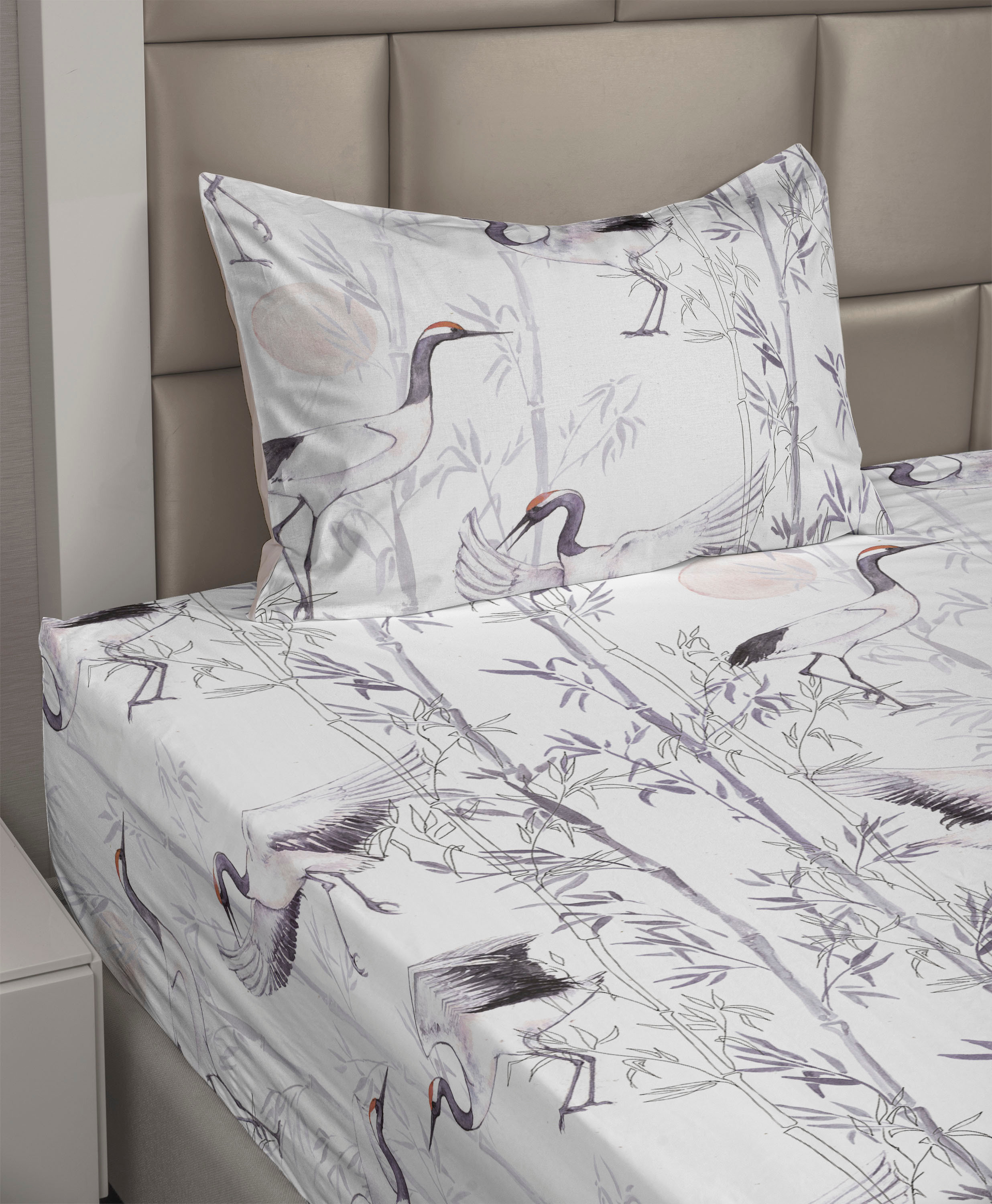 Ambesonne Birds and Nature Sheet Set Japanese Crane Art Pale Eggplant ...