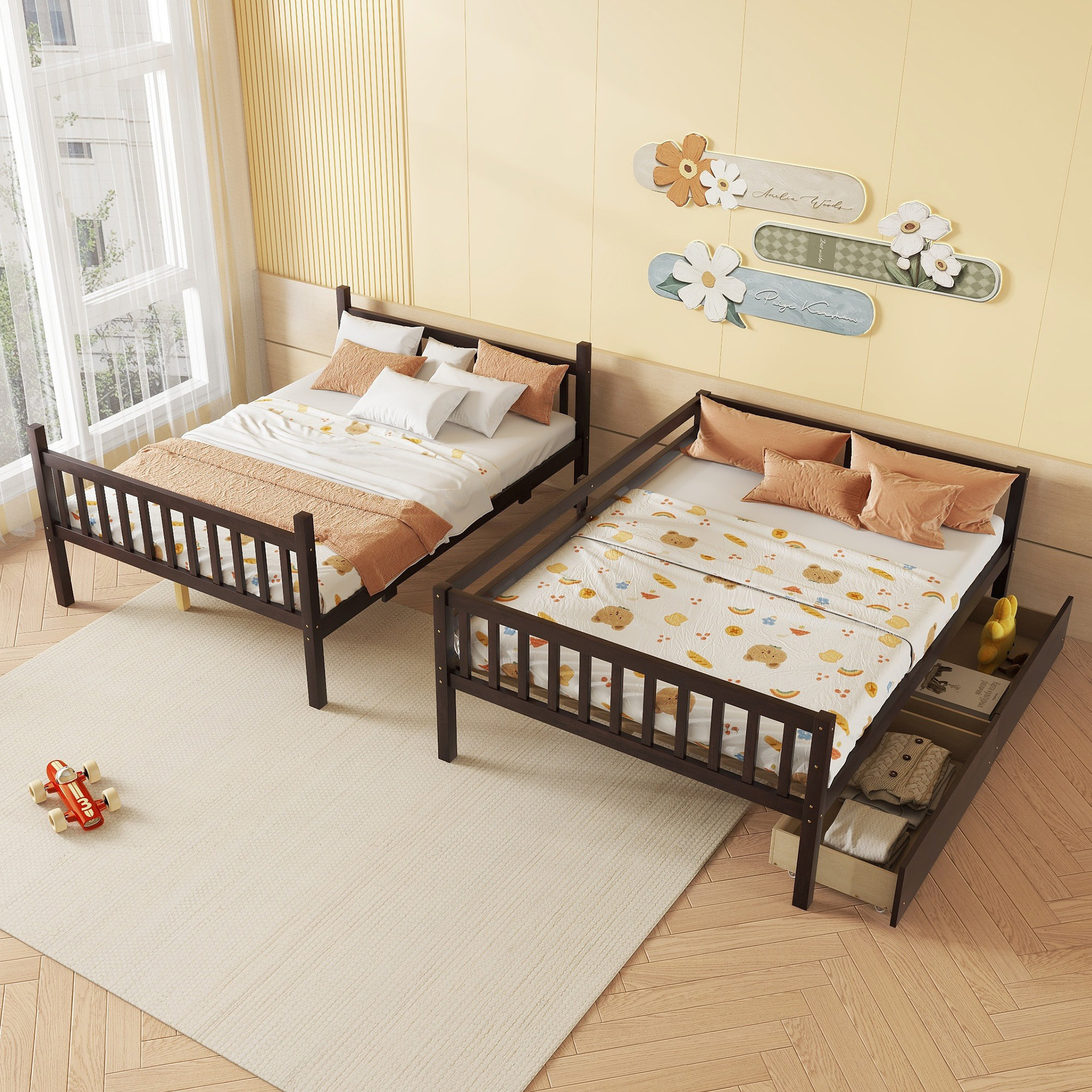 Harriet Bee Full Over Full Bunk Bed with 2 Storage Drawers, Ladder ...