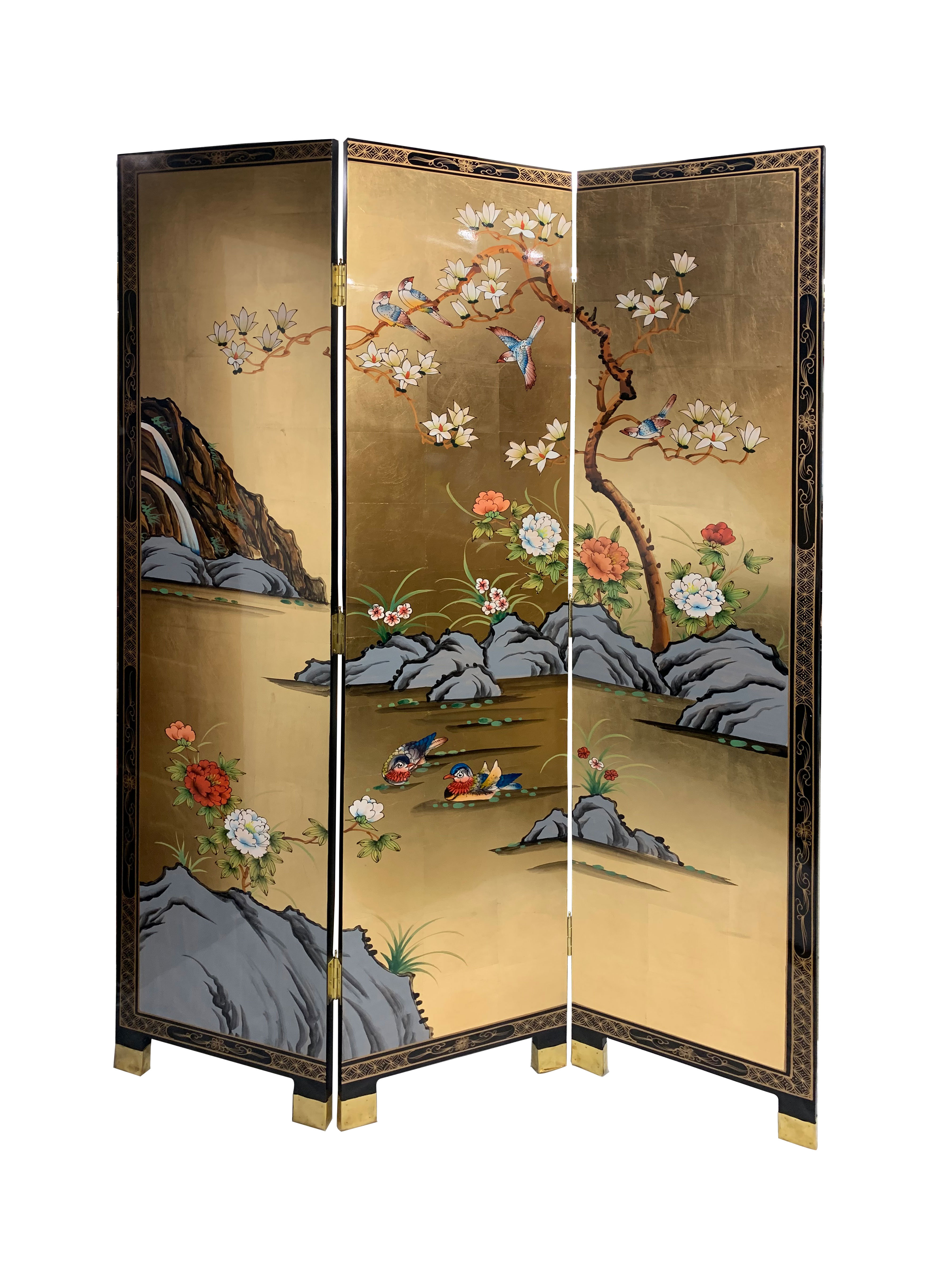 Bloomsbury Market Oriental Folding Screen Hand Painted Gold Leaf ...