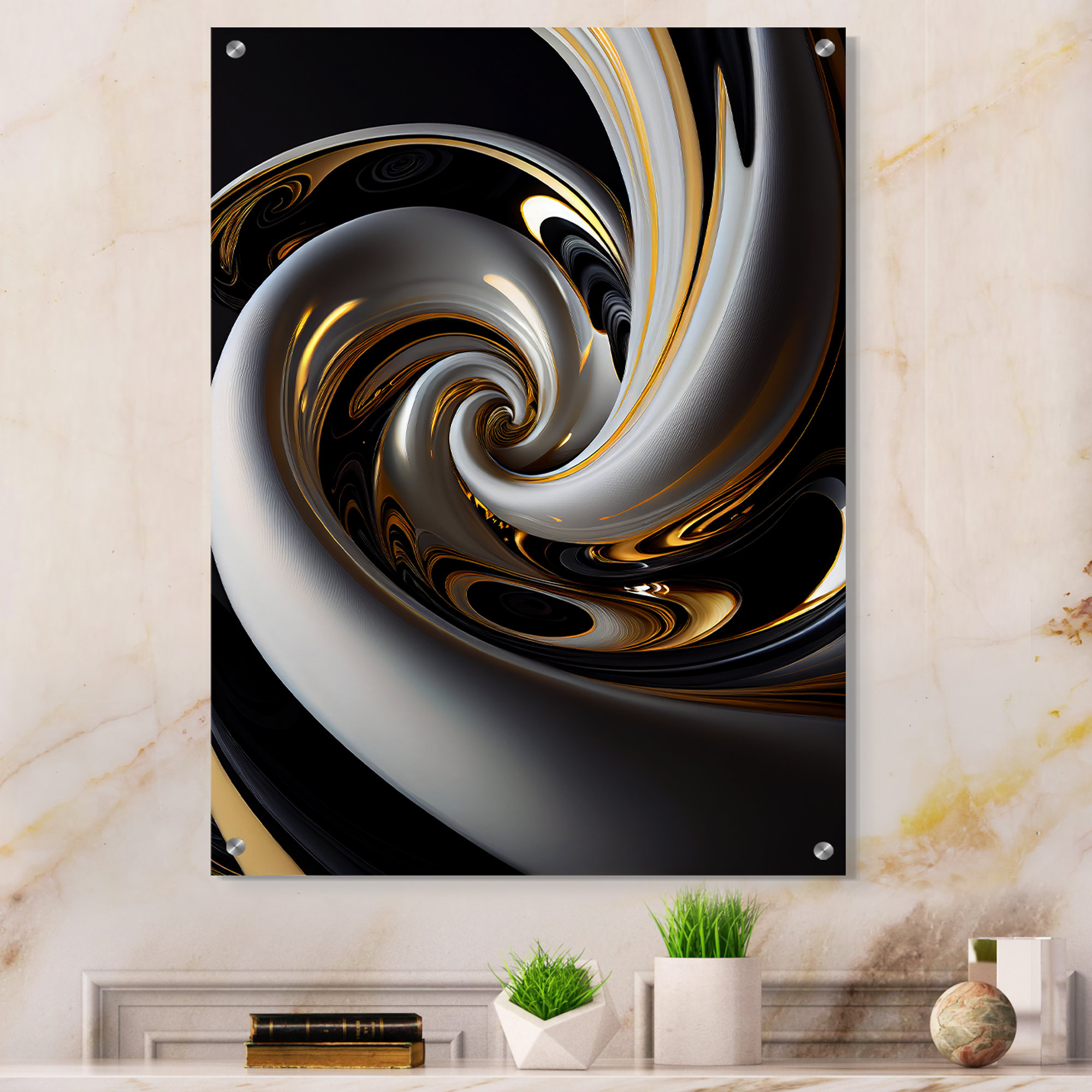 Mercer41 Gold Black And White Stained Glass III - Abstract Spirals ...