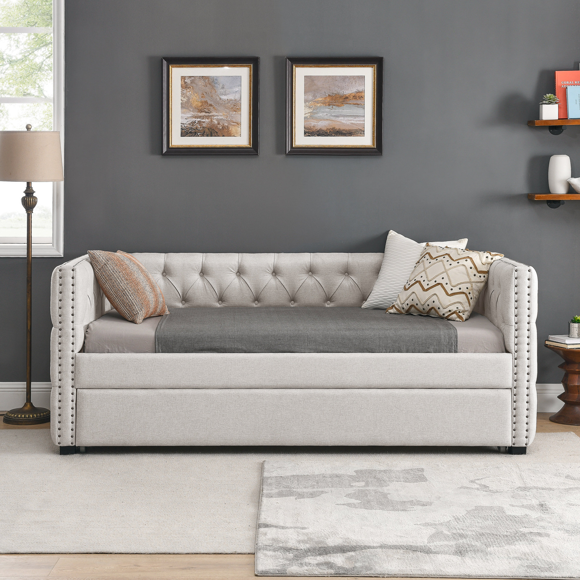 Lark Manor Daybed With Trundle, Upholstered Square Arms, Reinforced ...