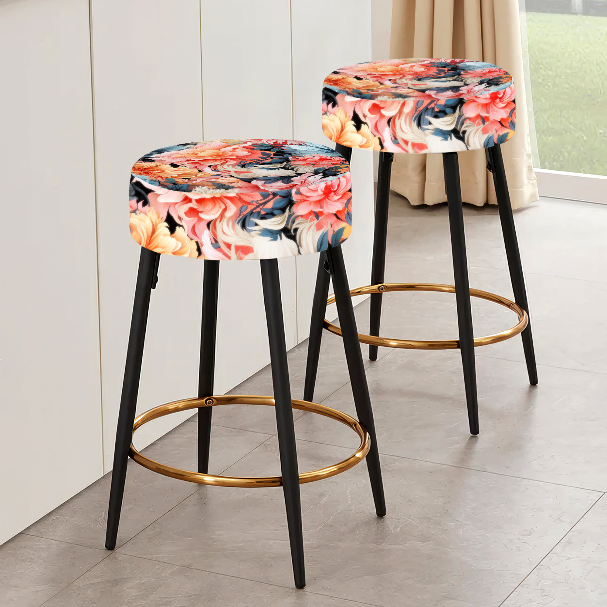 Design Art Pink Rebel Soul Floral Pattern - Floral Bar Stools Set Of 2 ...