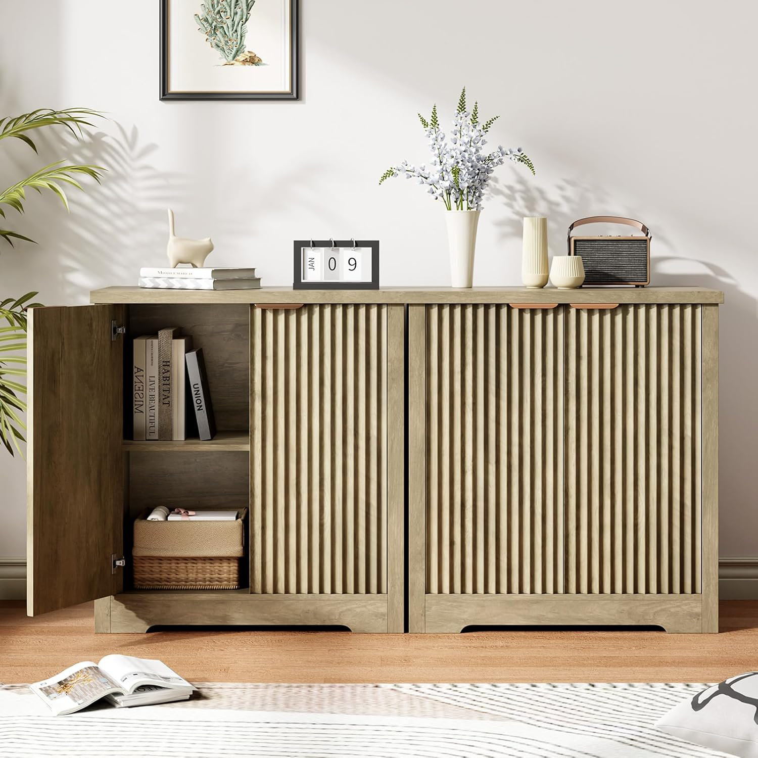 August Grove Fluted Buffet Sideboard Cabinet with Doors & Shelves, Wood Credenza Storage Console ...