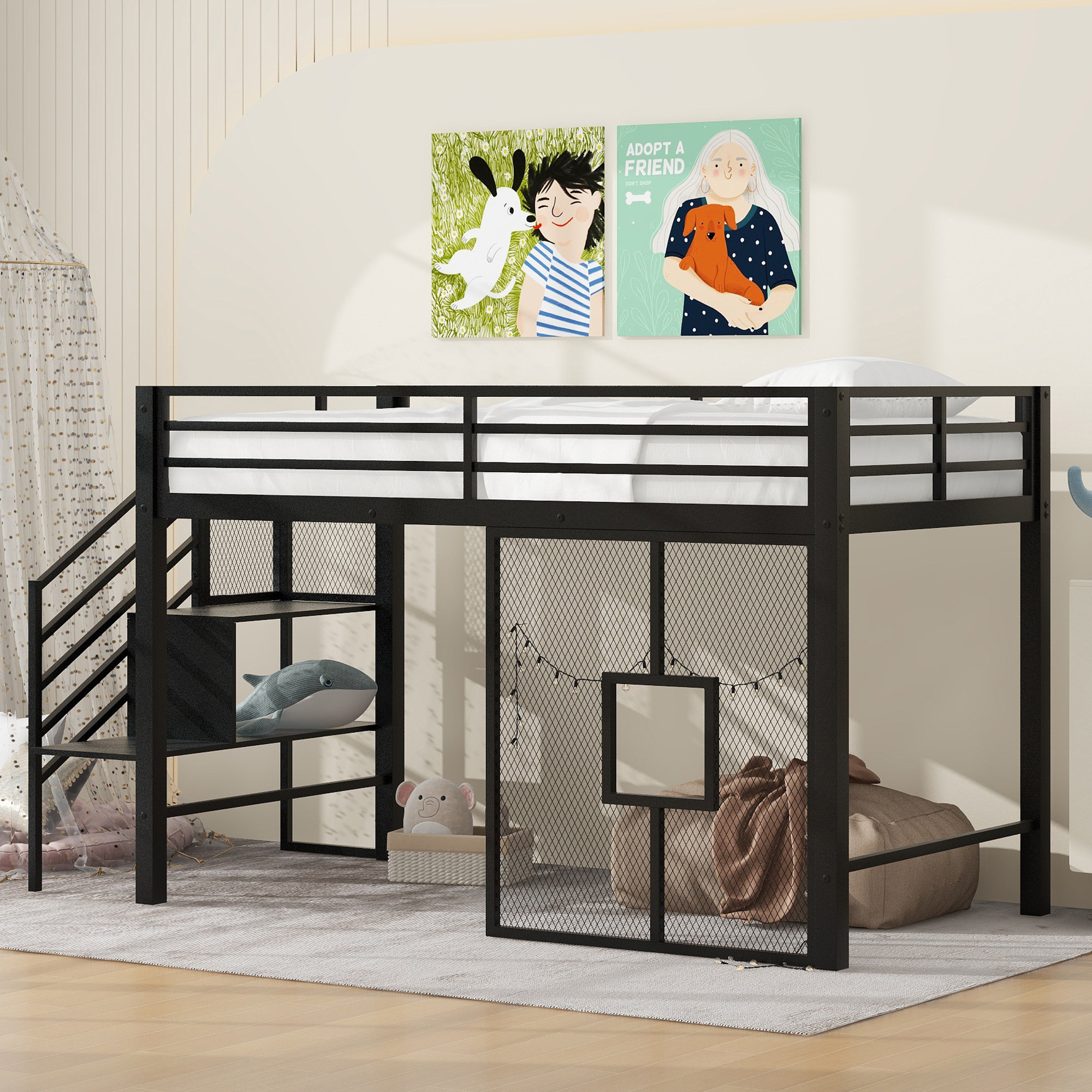 Ivy Bronx Low Loft Bed With Iron Mesh | Wayfair