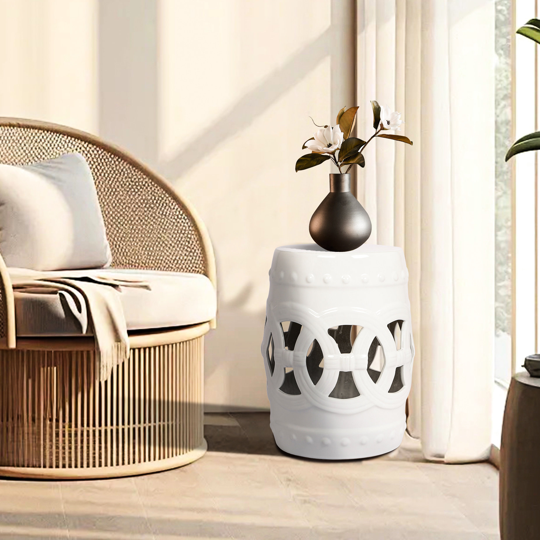 Latitude Run® 10.5" X 17" Ceramic Side Table Stool, White Glaze, Indoor ...