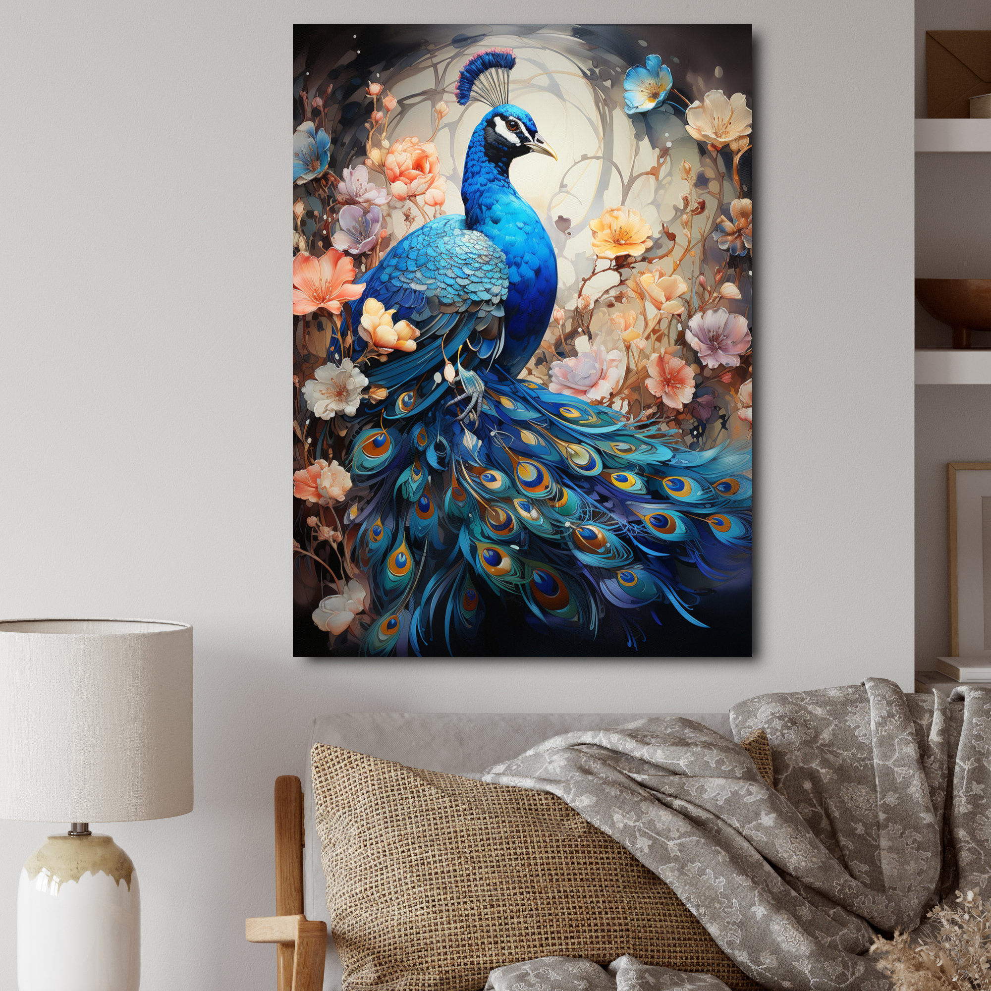 Bungalow Rose Woodsum Blue Coral Indian Art Dancing Peacock I - Art ...