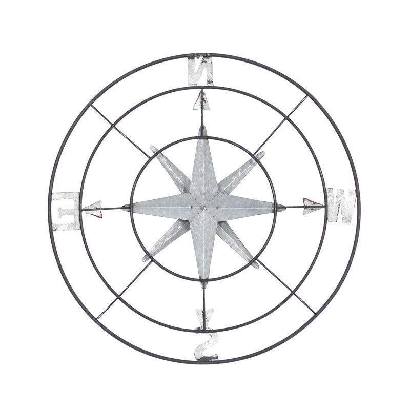 Breakwater Bay Metal Indoor Outdoor Compass Home Gray Wall Decor with ...