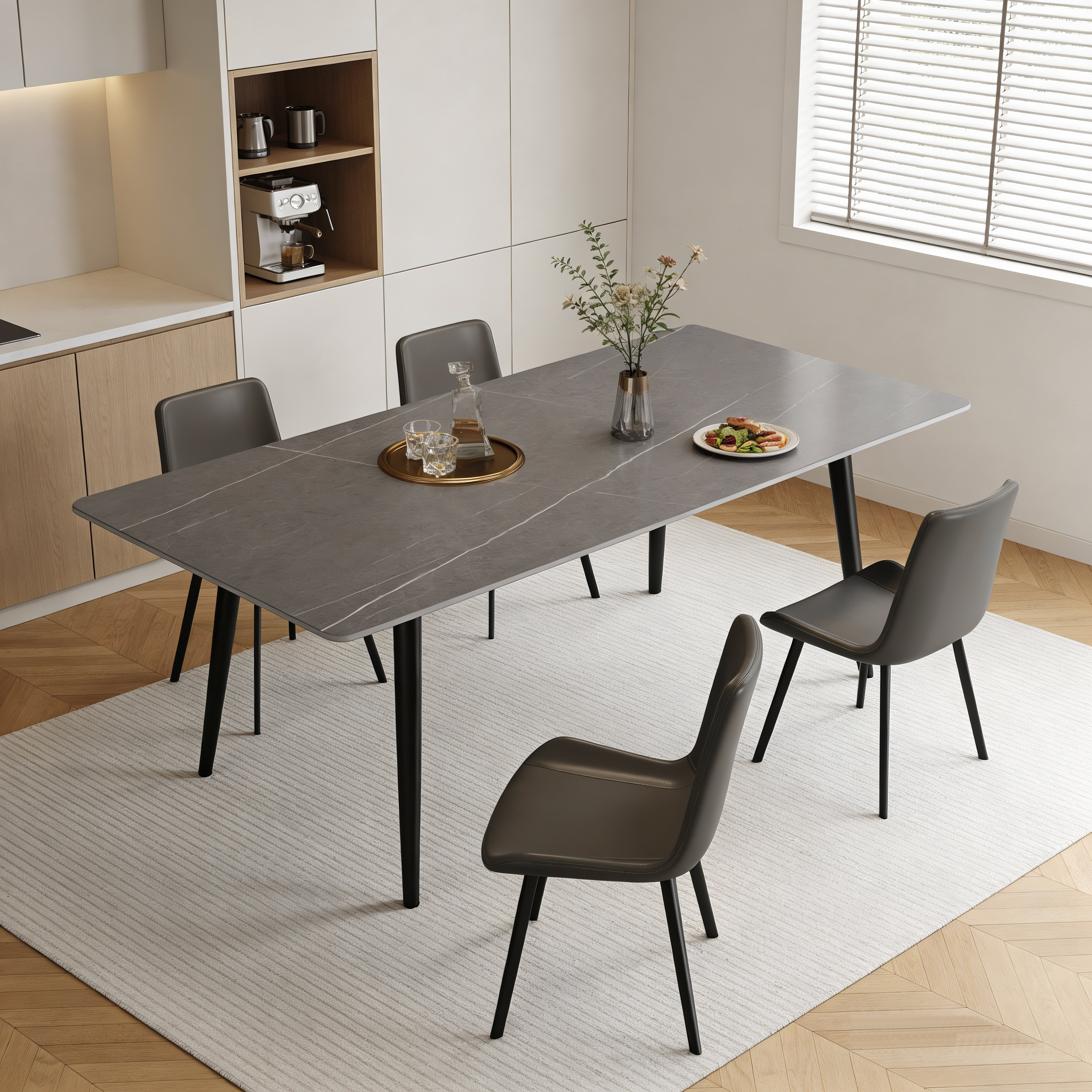 Ivy Bronx Grey Rectangular Sintered Stone Dining Table with 4 Carbon ...