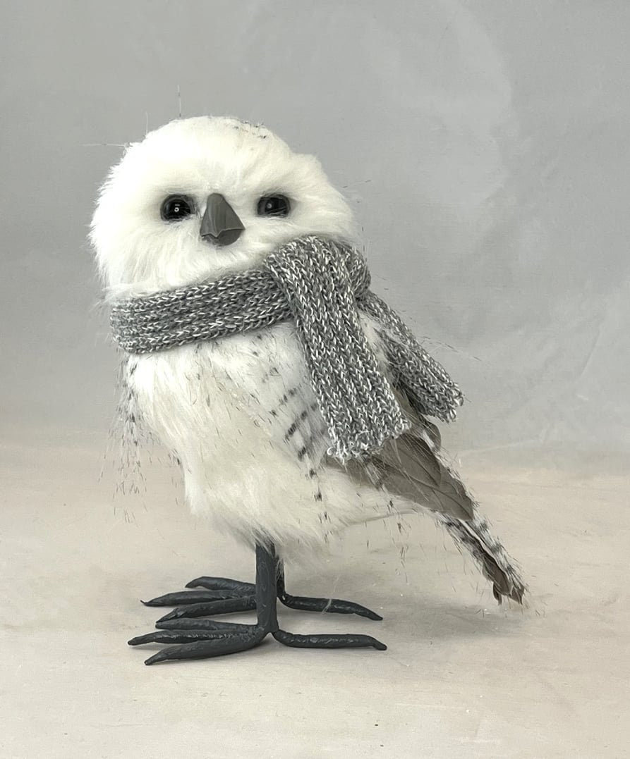 The Holiday Aisle® Feathered Snowy Owl Wearing A Gray Scarf Figurine ...