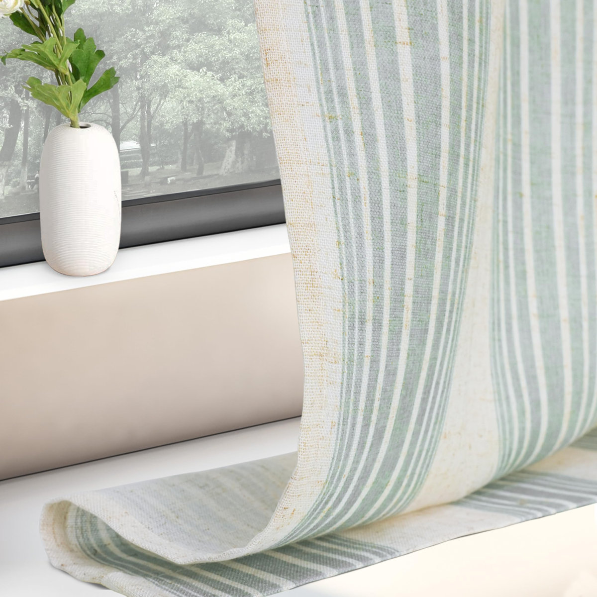 Gracie Oaks Kitchen Curtains Striped Tier Linen Short Curtains ...
