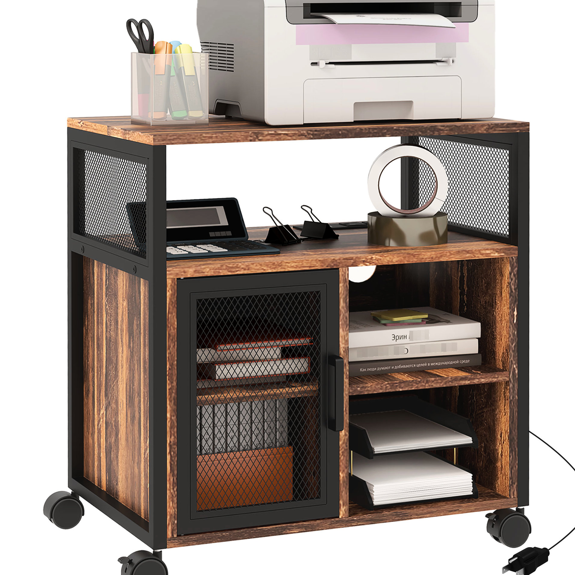 17 Stories Rustic Brown Printer Desk With Power Ports. Organize Office ...