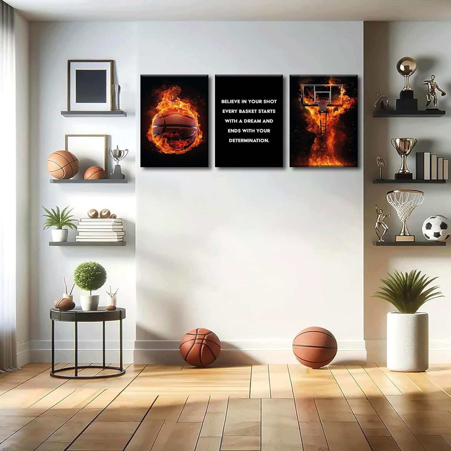 Trinx 3Pcs Basketball Canvas Wall Art Basketball Court Wall Decor Picture Flame Basketball ...