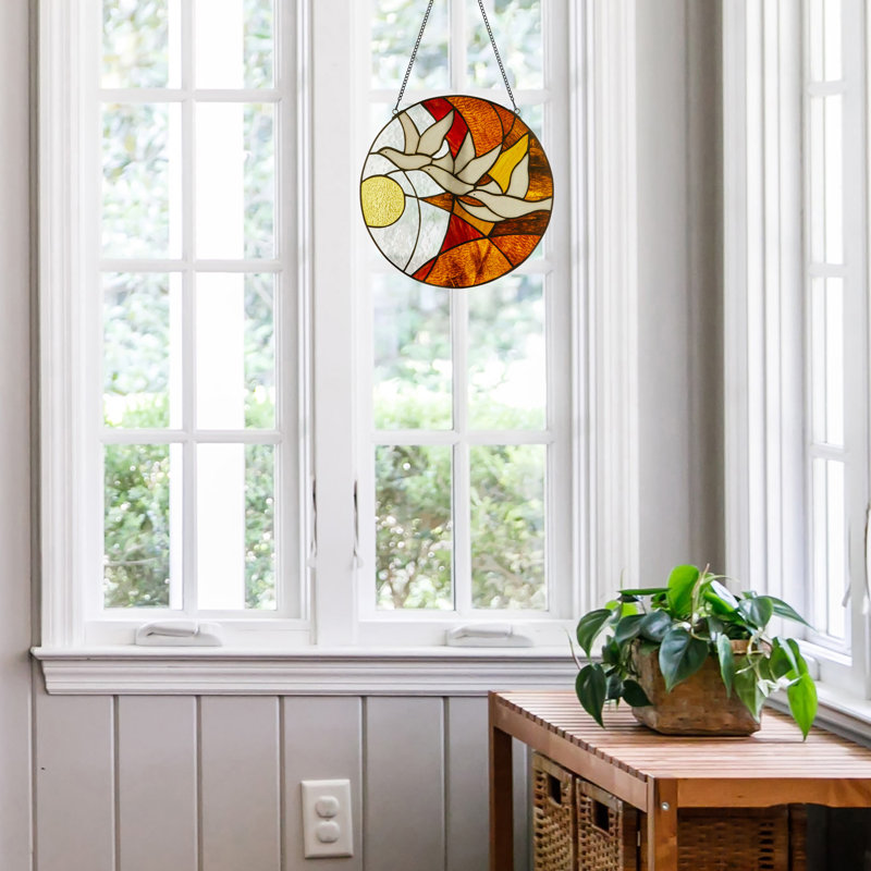 Fleur De Lis Living 14"H Doves at Sunset Round Stained Glass Window ...