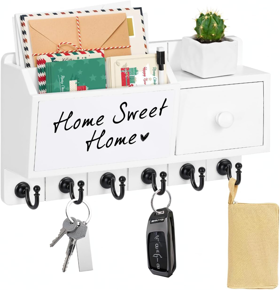 Ebern Designs Wooden Mail and Key Organizer with White Board Key Rack ...