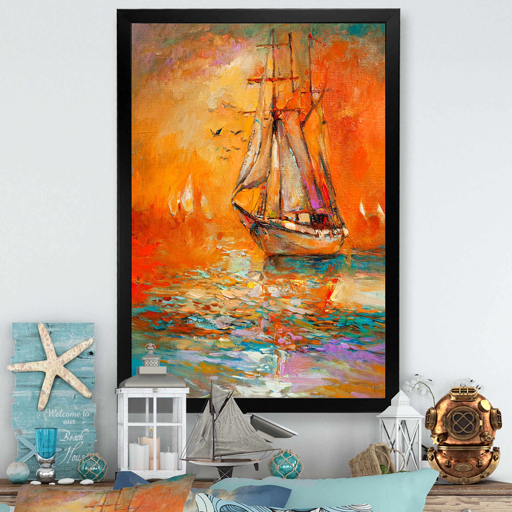Breakwater Bay Colorful Ocean Sail Boat II - Nautical & Coastal Orange ...