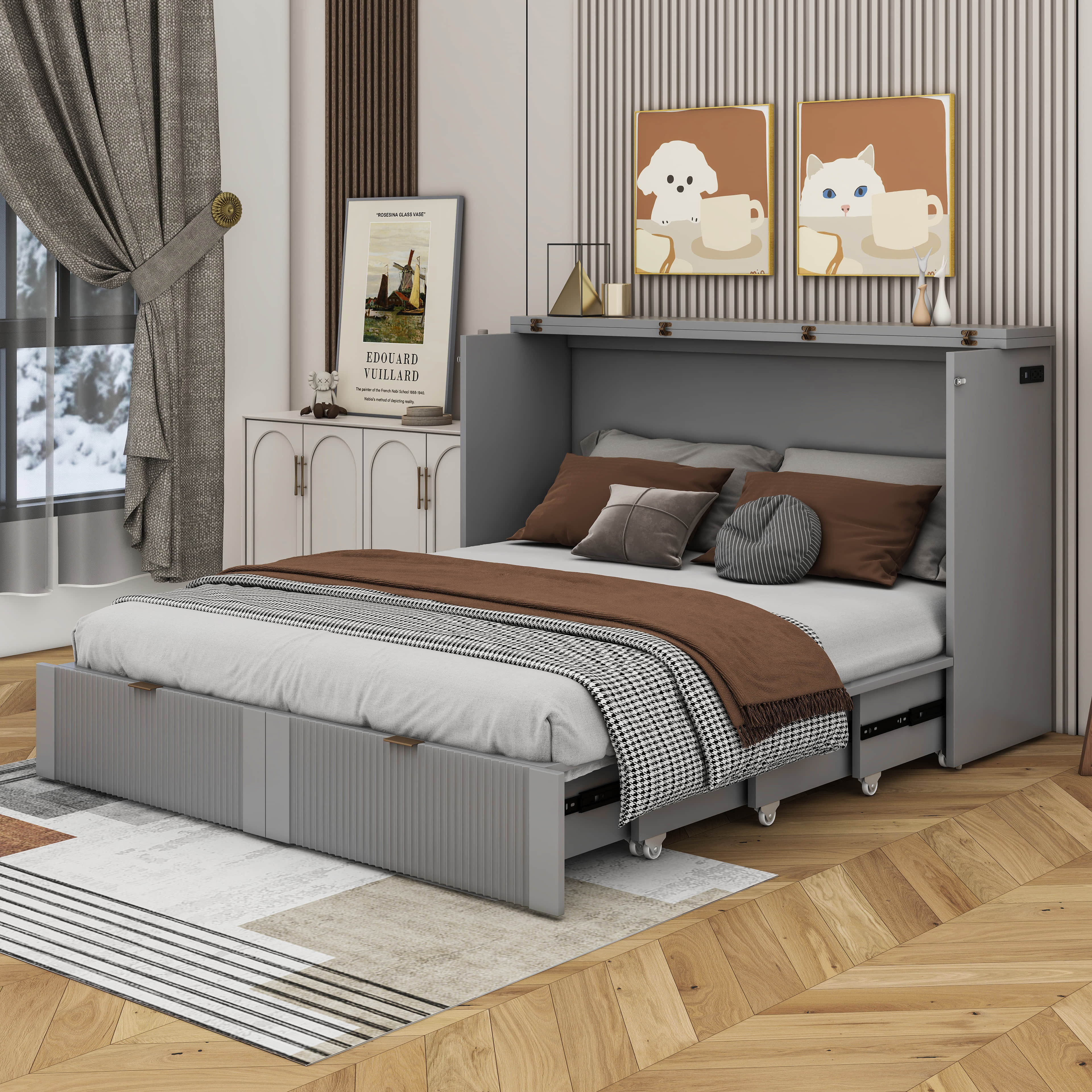 Winston Porter Queen Size Murphy Bed Wall Bed With Drawer And A Set Of ...