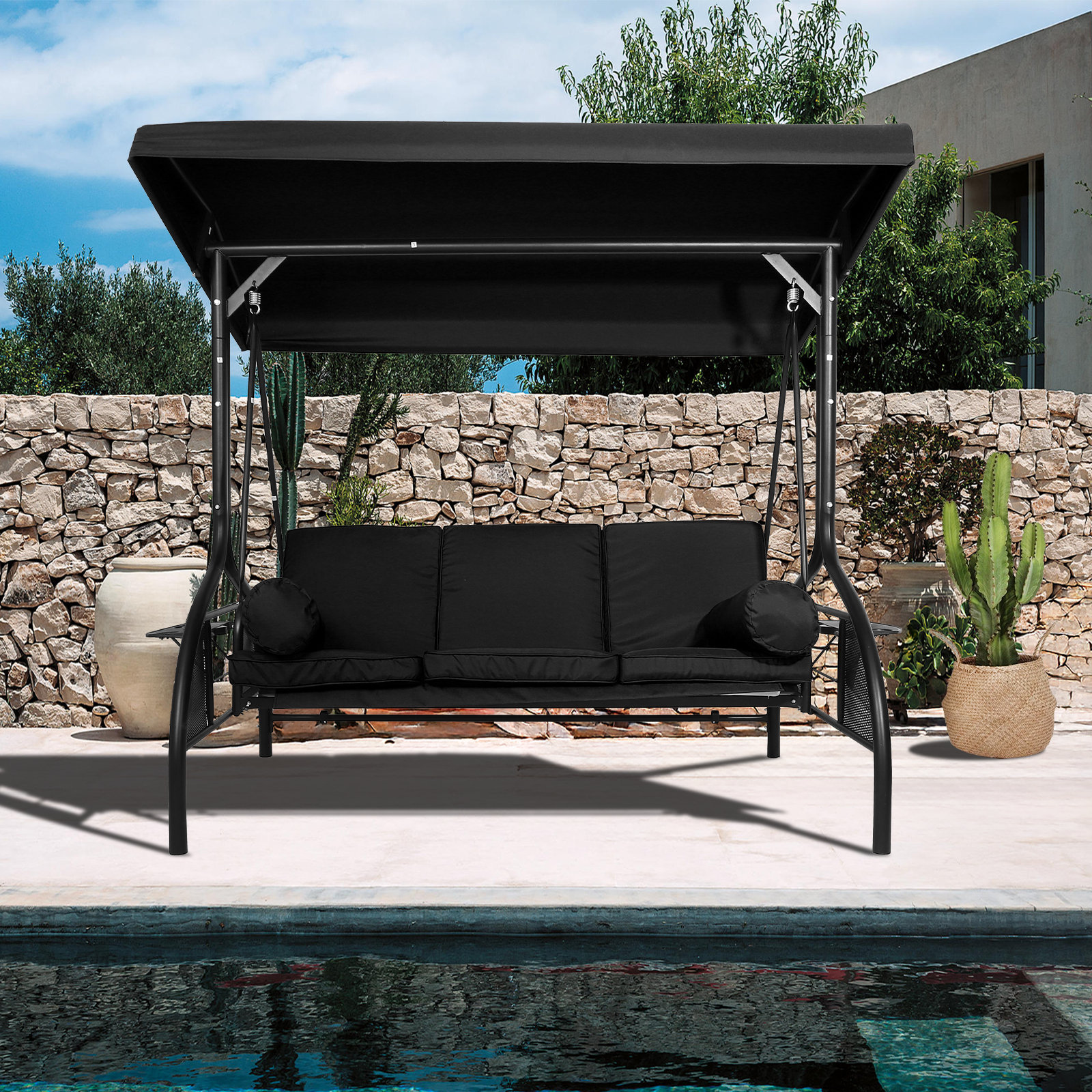 Arlmont & Co. 3 Seat Outdoor Patio Porch Swing With Cushion And Canopy ...