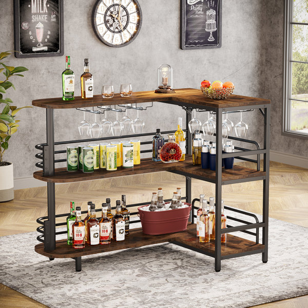 17 Stories Cocheco 3 Tier Industrial Home Bar Unit L-Shaped Liquor Bar ...