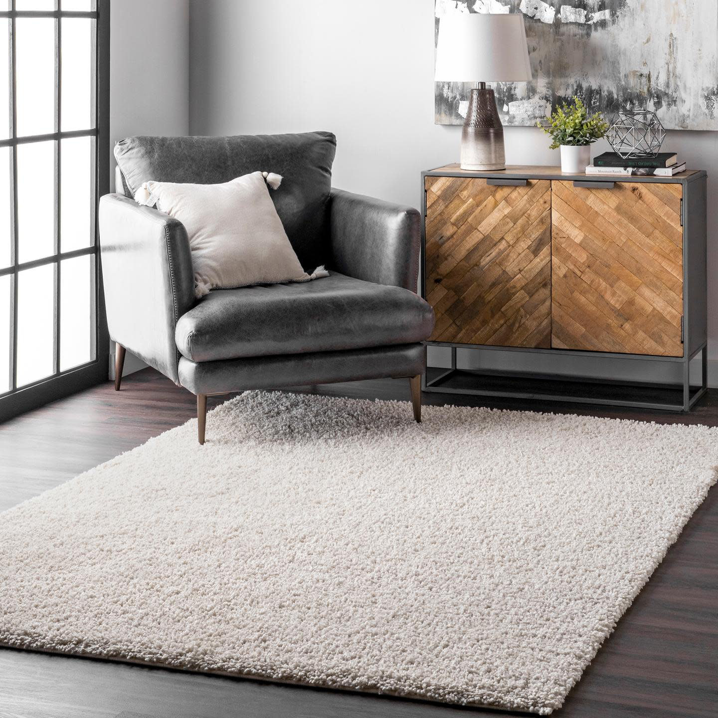 Winston Porter Clay Solid Shag Cream White Area Rug & Reviews | Wayfair