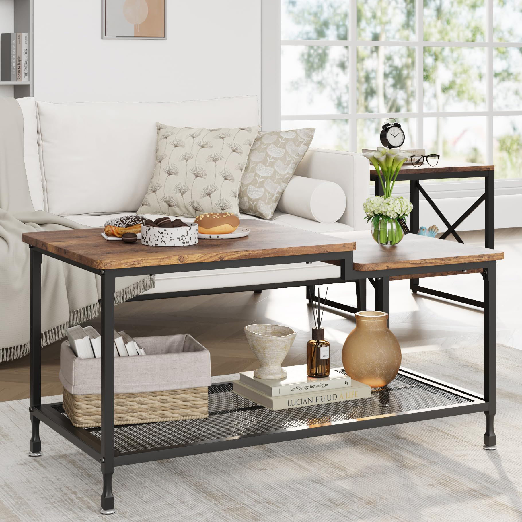 Yuan Home Coffee Table 2-Tier Center Table Rustic Living Room Table ...