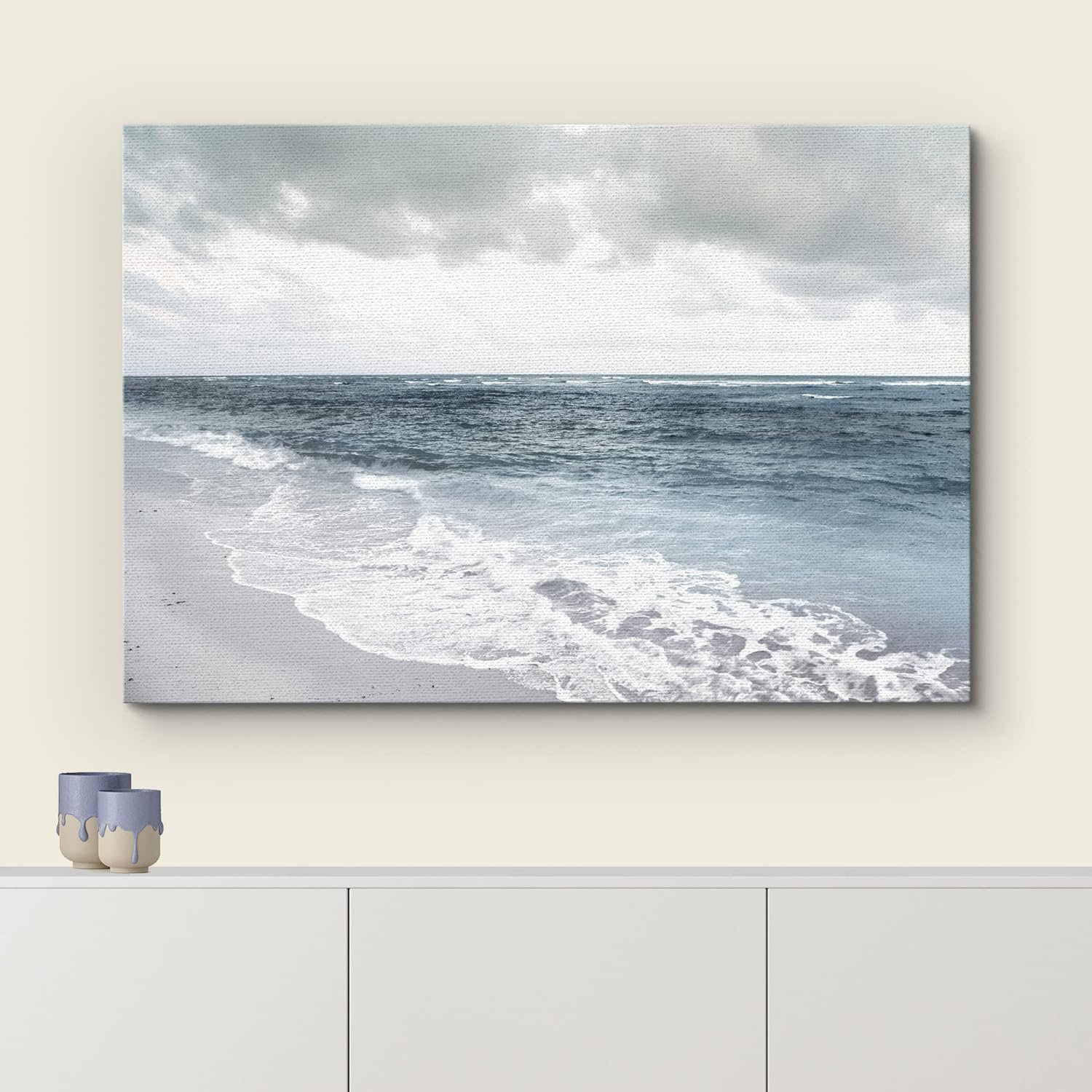 IDEA4WALL Coastal Beach Washed Out Cloudy Gray Beach Shore on Canvas ...