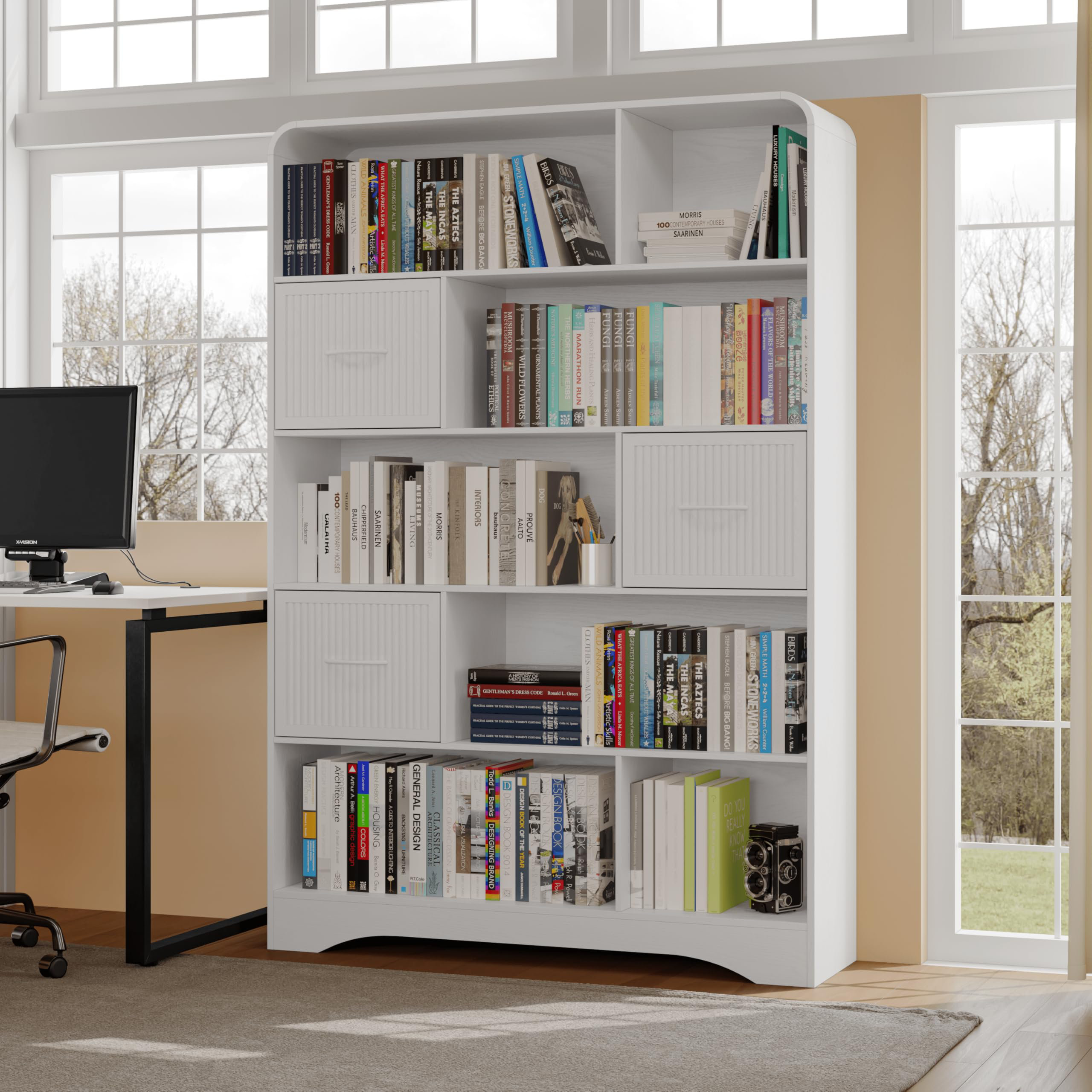 Latitude Run® Bookshelf with Storage 3 Bins,70" Tall Bookcase,Arched 5 ...