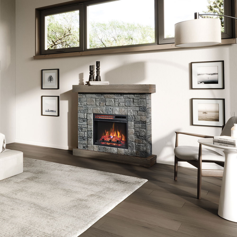 Modern Ember Raeford 40" Faux Stone Brick Surround With Wood Mantel ...