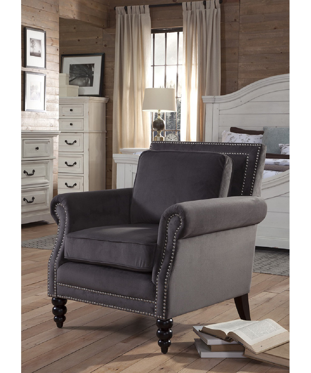 House of Hampton® Blair Upholstered Velvet Rolled Arm Chair with Nail ...