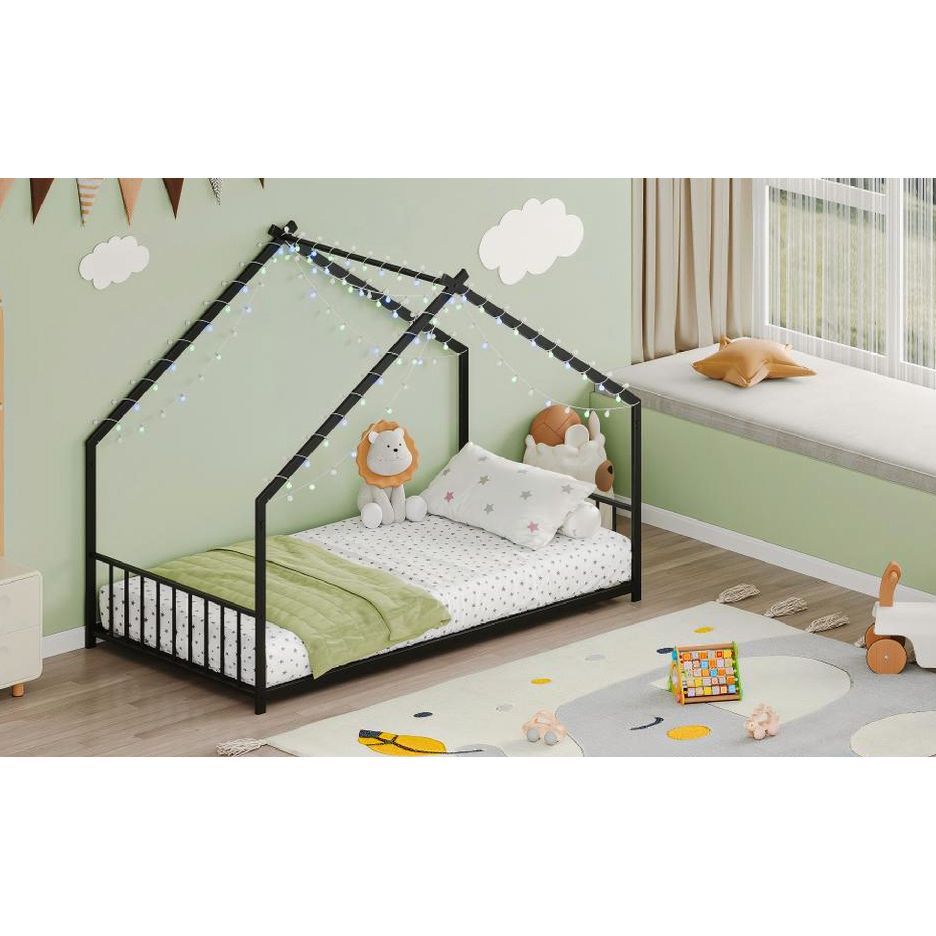 Latitude Run® Twin Size 'S Bed Frame With Rooftop And Led Lights, Iron ...