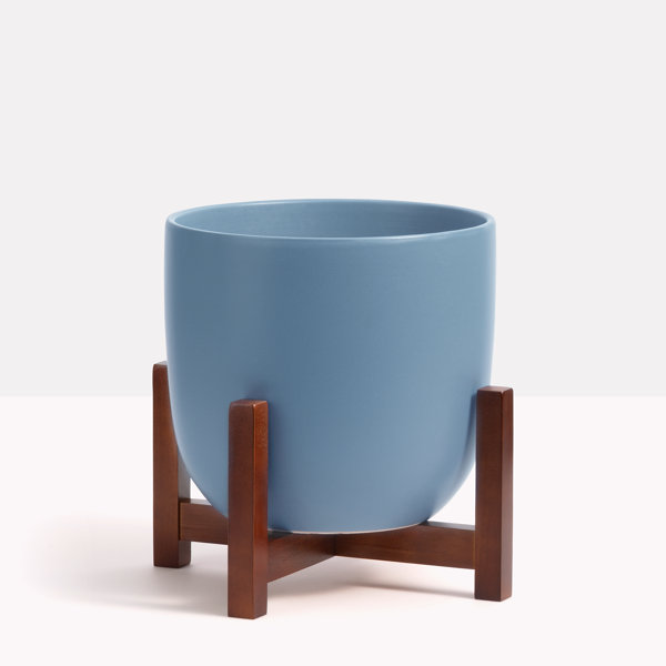 Peach & Pebble Contour Ceramic Pot Planter with Wood Stand - Wayfair Canada