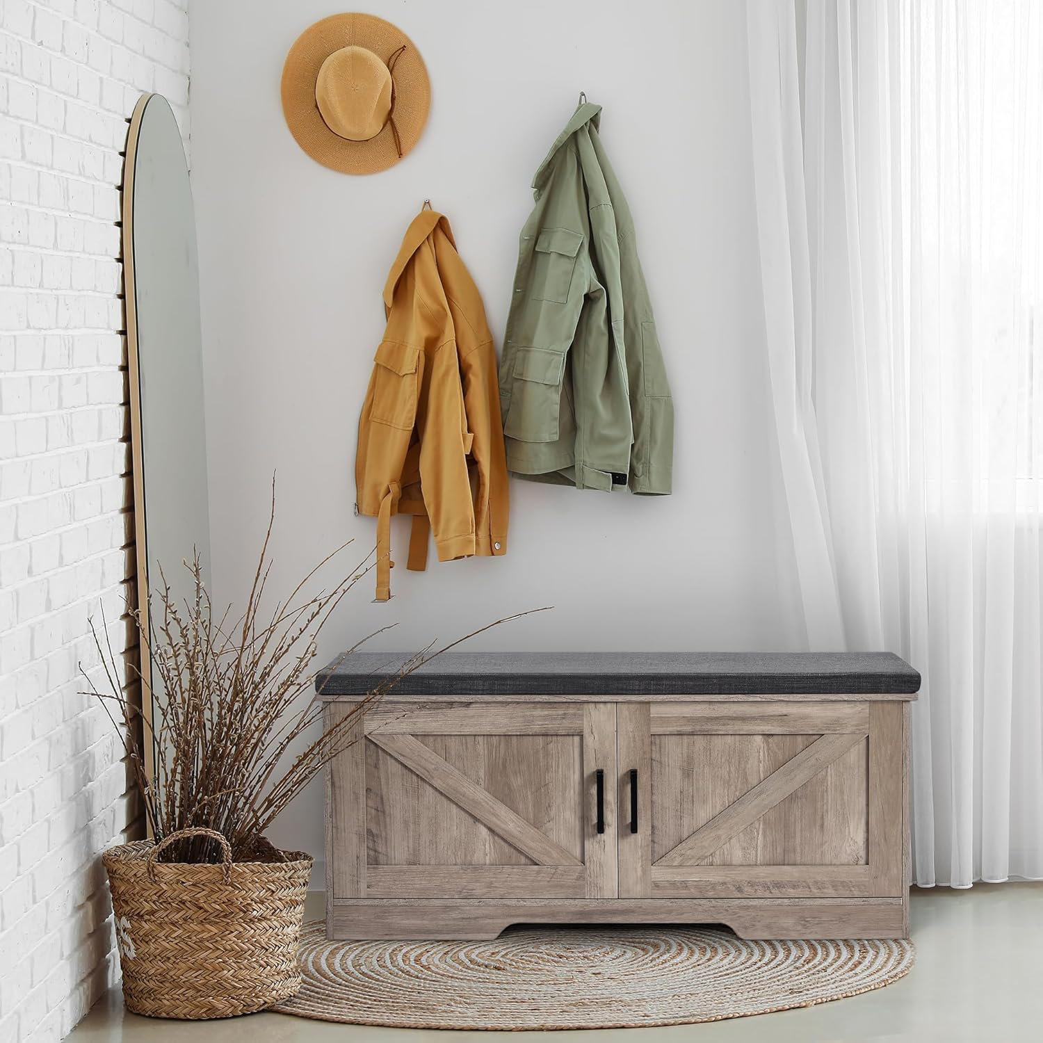 One Allium Way Greige Entryway Storage Bench With Padded Seat ...