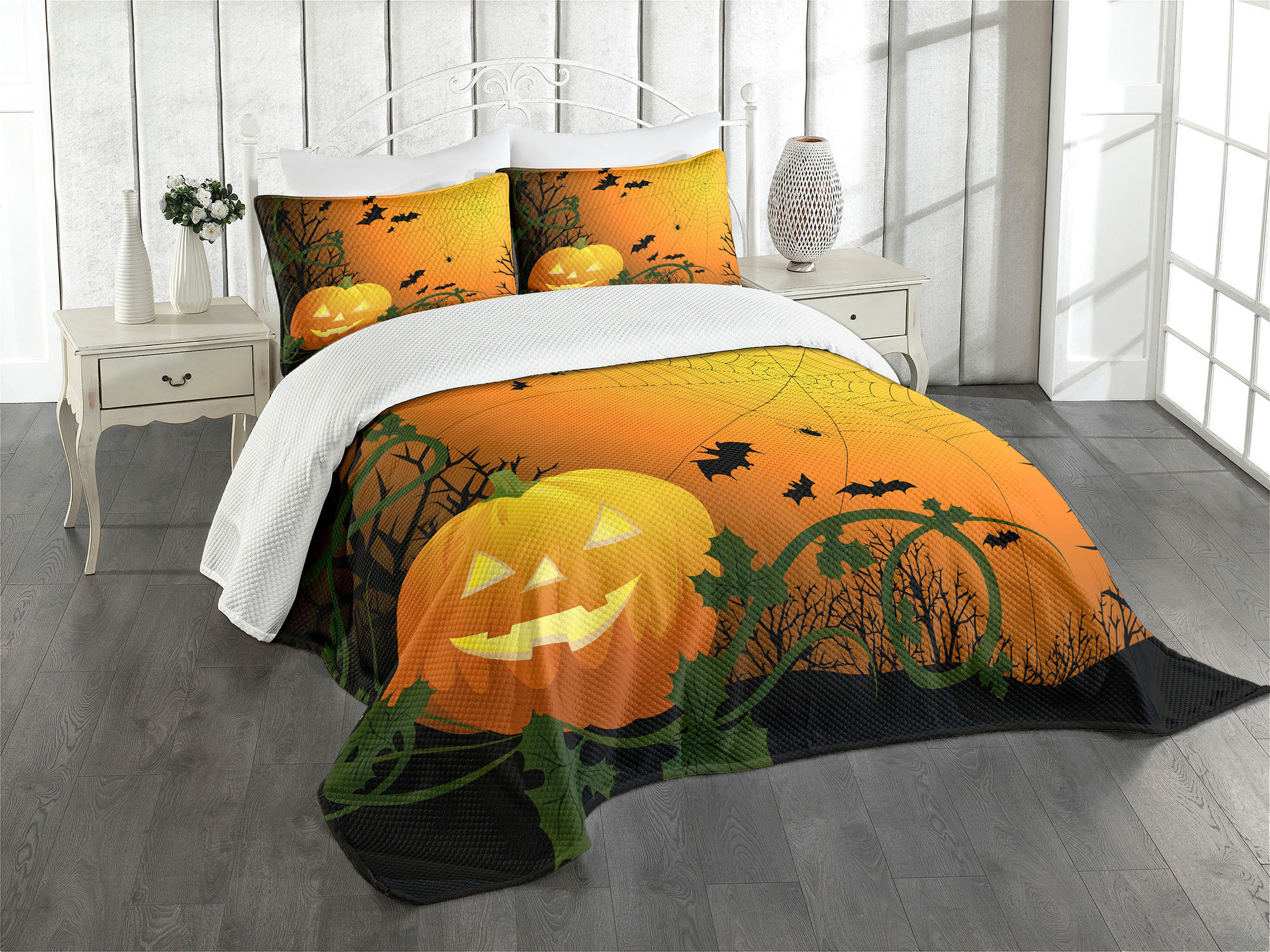 Ambesonne Halloween Bedspread Set Pumpkin Leaves and Bats Dark Green ...