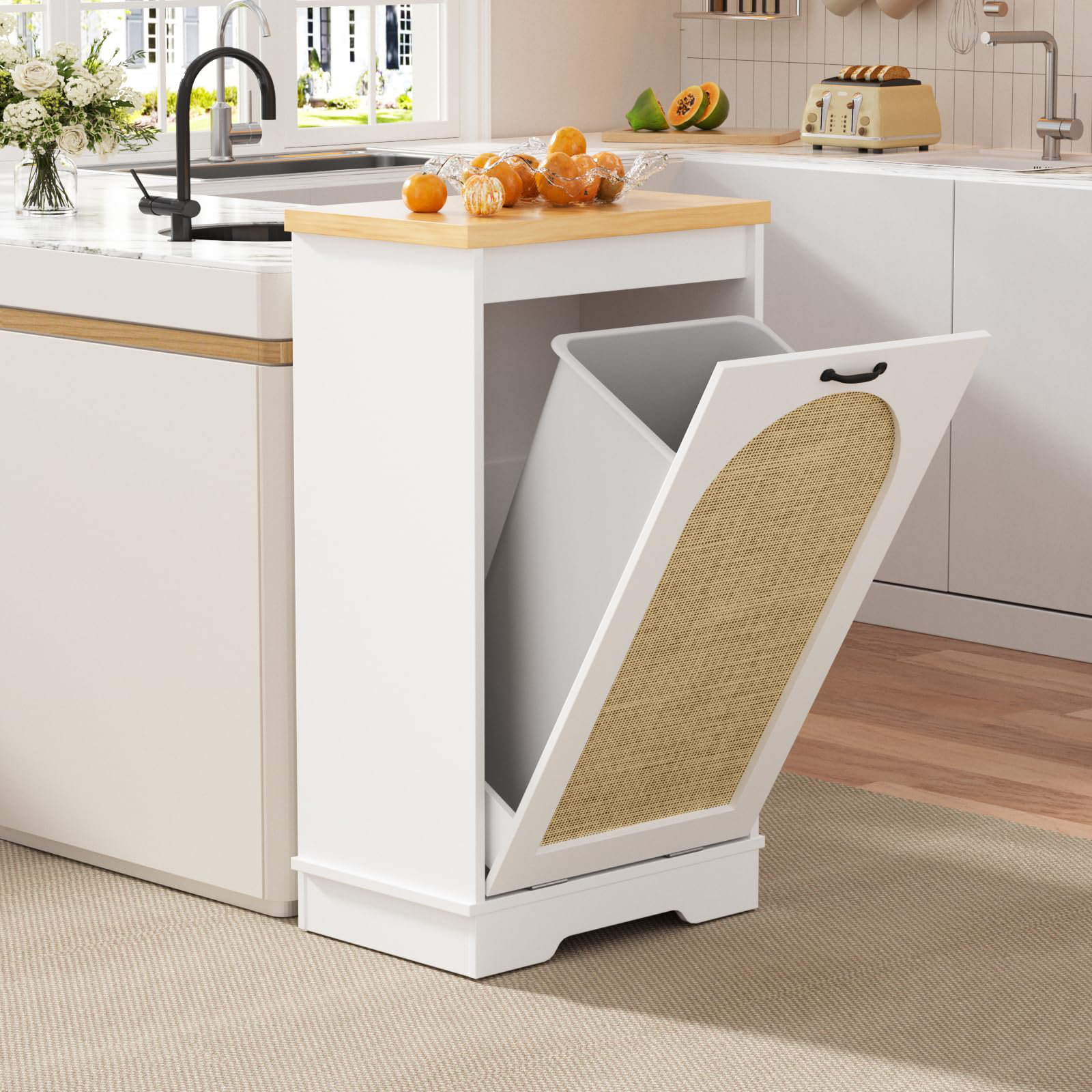 hosote 13 Gallon Tilt Out Trash Can Cabinet With Natural Rattan ...